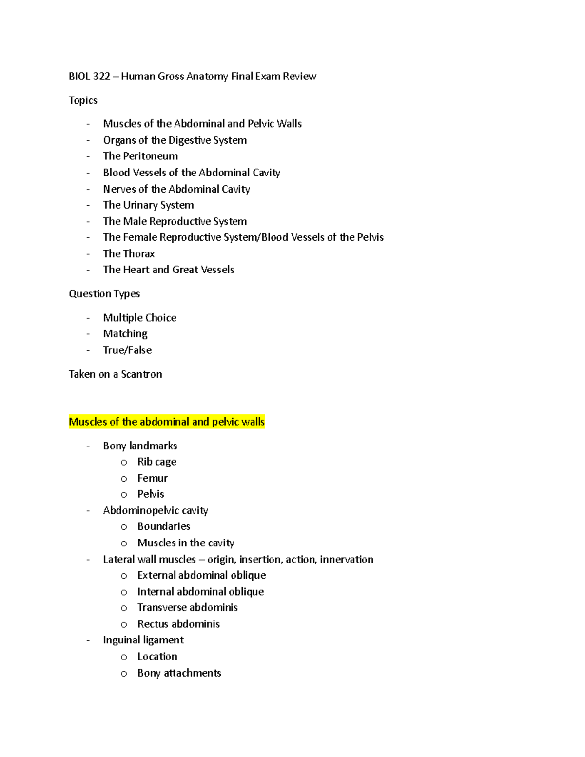 BIOL 322 – Human Gross Anatomy Final Exam Review - Studocu