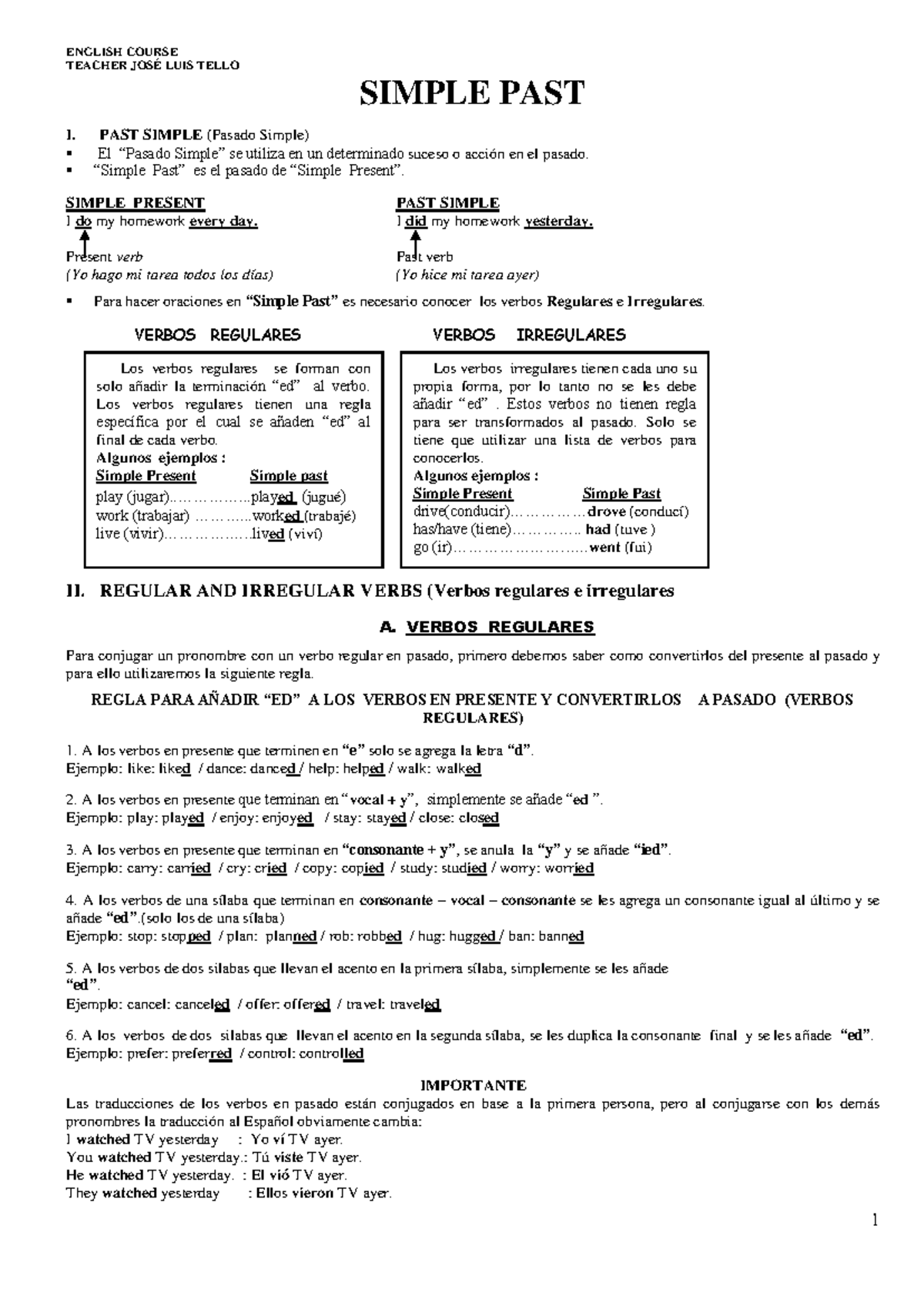 ENGLISH 101: SIMPLE PAST TENSE NOTES AND EXAMPLES - Studocu