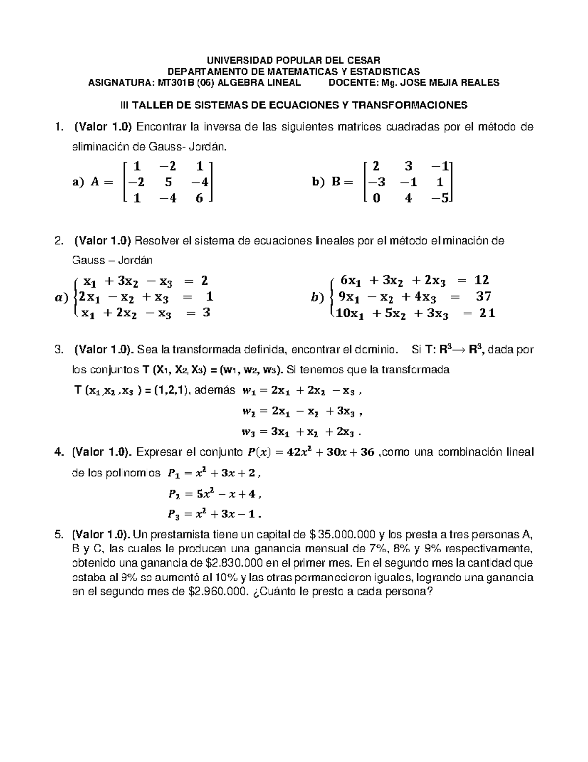 Taller de Sistemas de Ecuaciones - MT301B (06) - Studocu