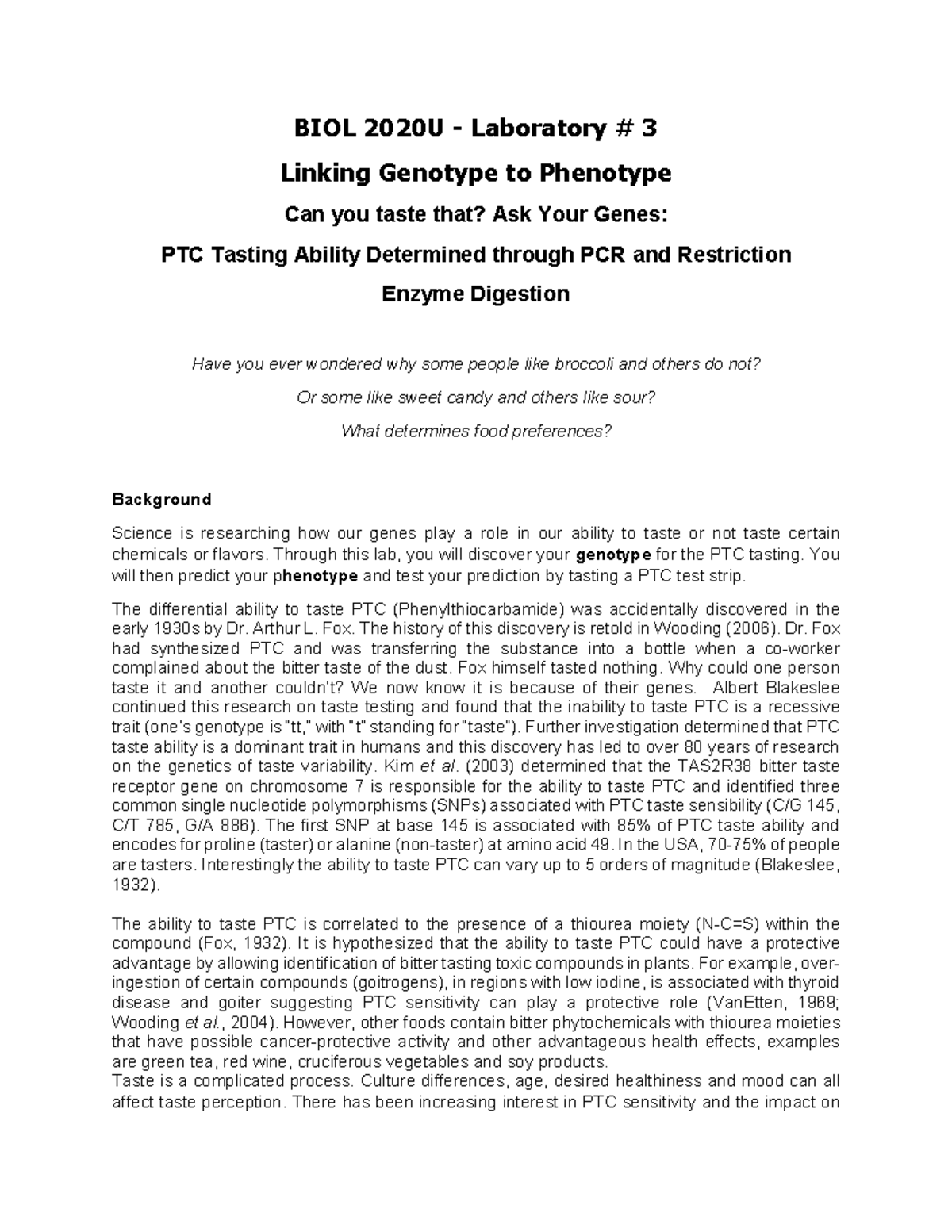 BIOL 2020U - Lab 3 Protocol: Genotype to Phenotype via PTC Tasting ...