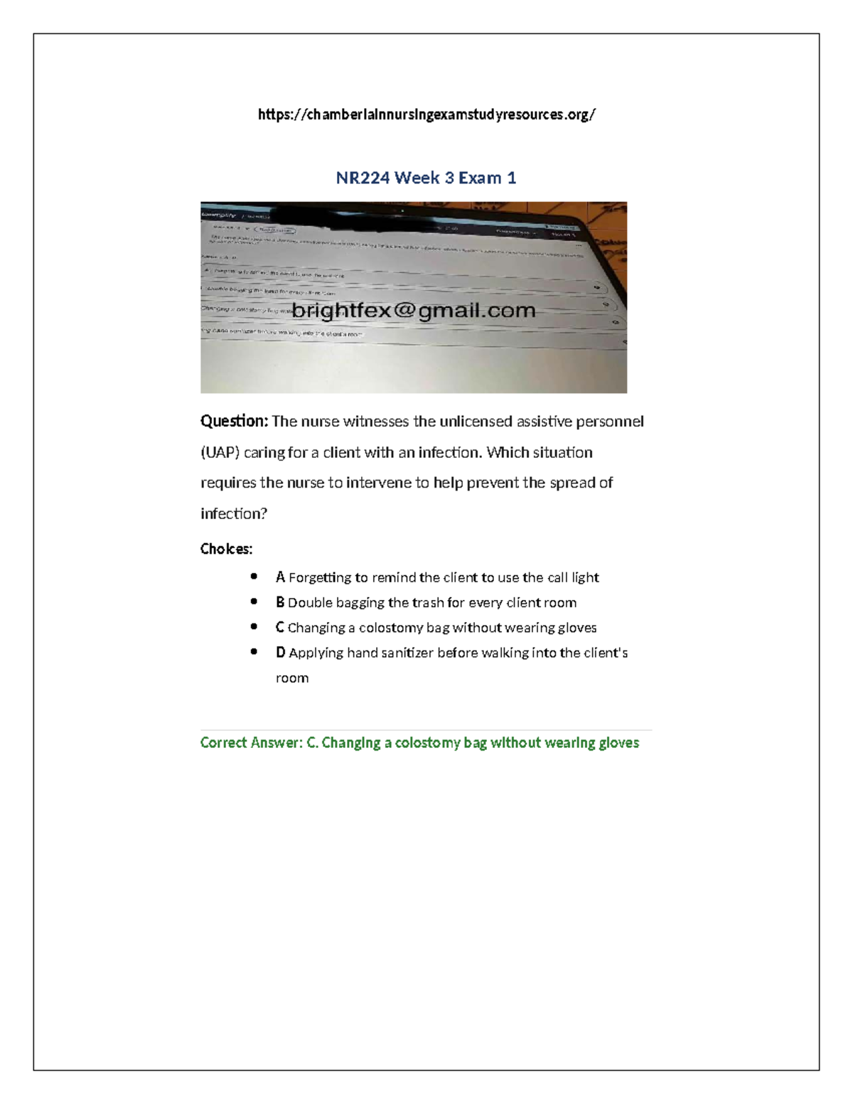NR224 Week 3 Exam 1 Review: Infection Control & Immobility ...