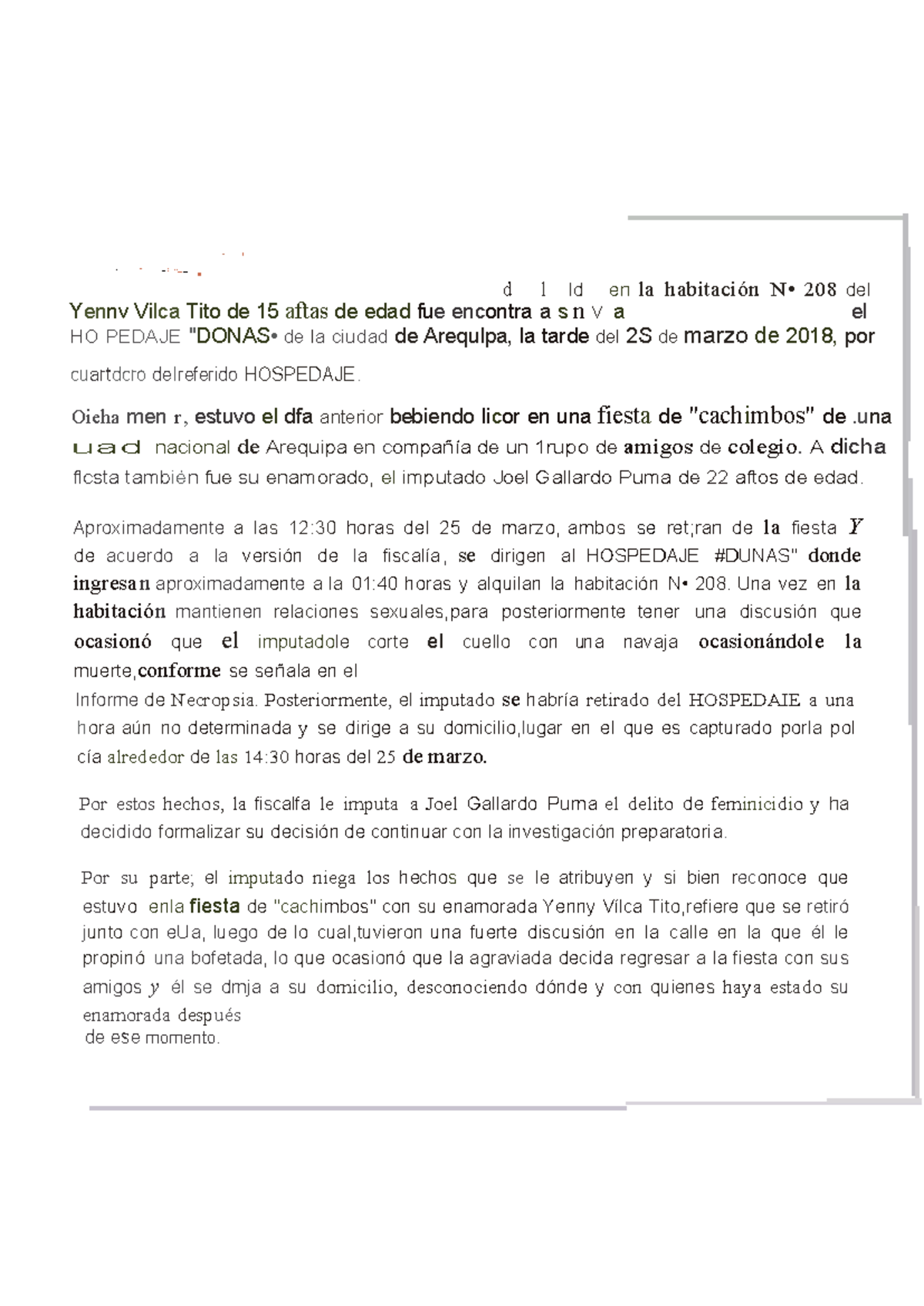 Caso de Feminicidio: Joel Gallardo Puma y Yenny Vílca Tito en Arequipa - Studocu