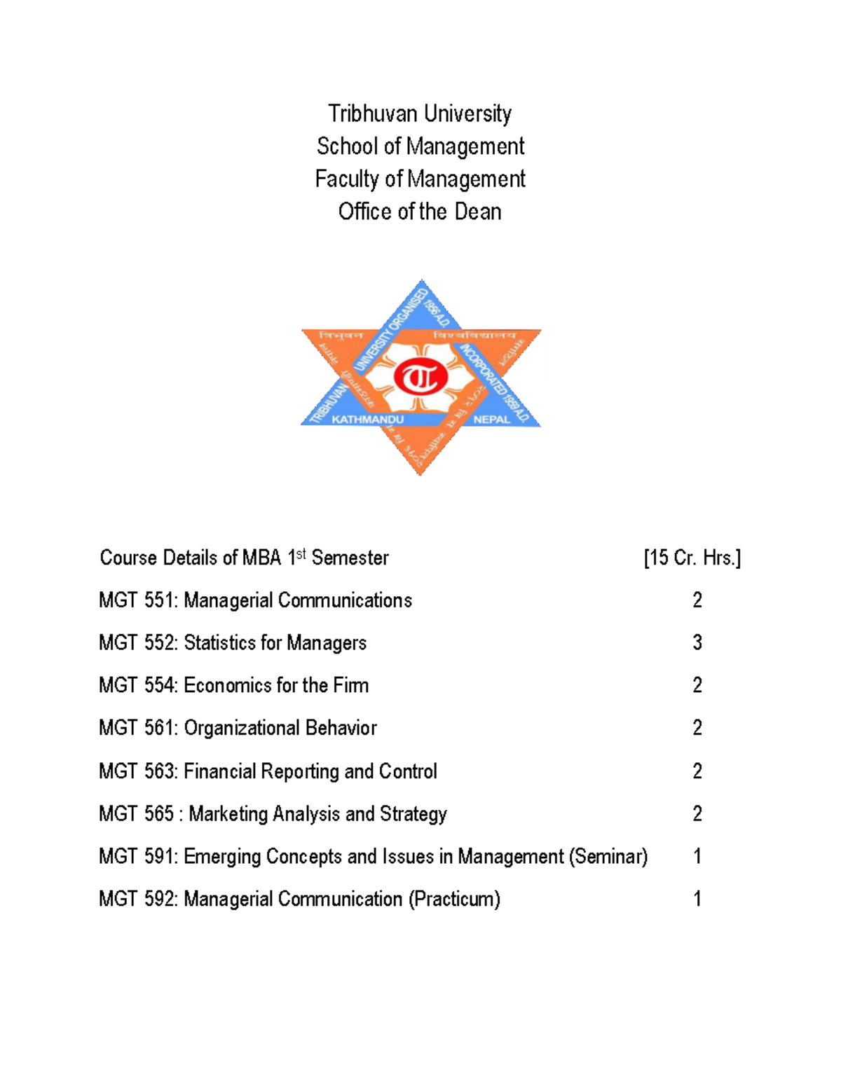 MBA 1st Semester Syllabus (MGT 551, MGT 552, MGT 554, MGT 561, MGT 563 ...