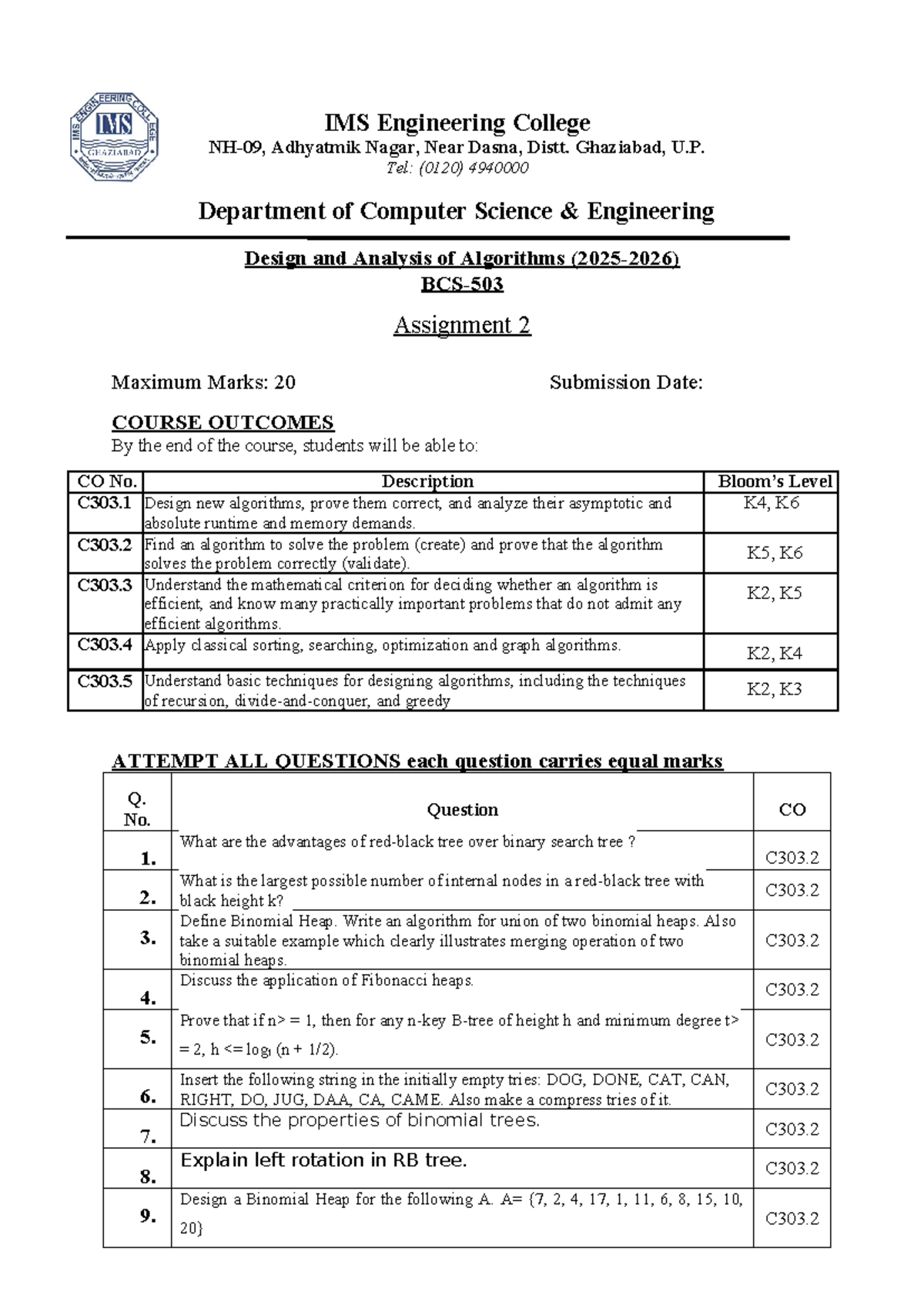 DAA Assignment 2 - Design and Analysis of Algorithms (C303) - Studocu