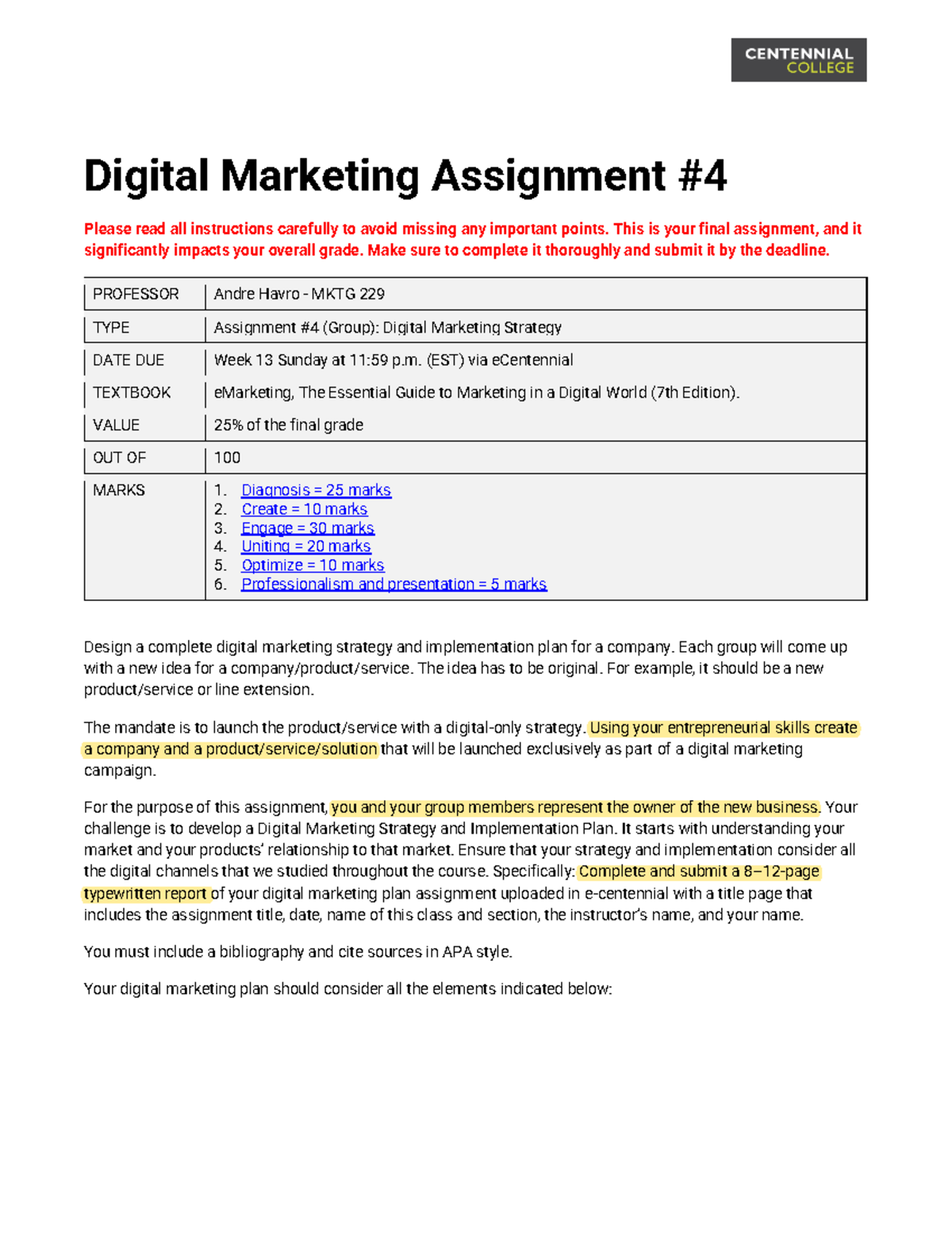 MKTG 229 - Assignment 4 - Week 13: Complete Digital Marketing Strategy ...