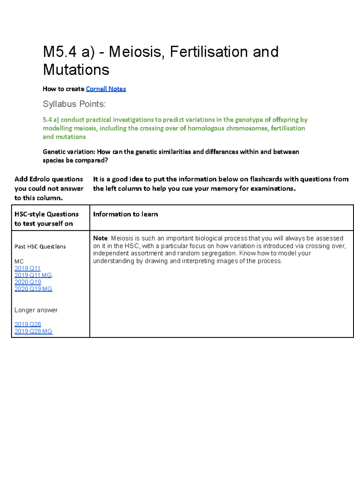 Biology M5.4 Final Exam Notes: Meiosis, Fertilisation & Mutations - Studocu