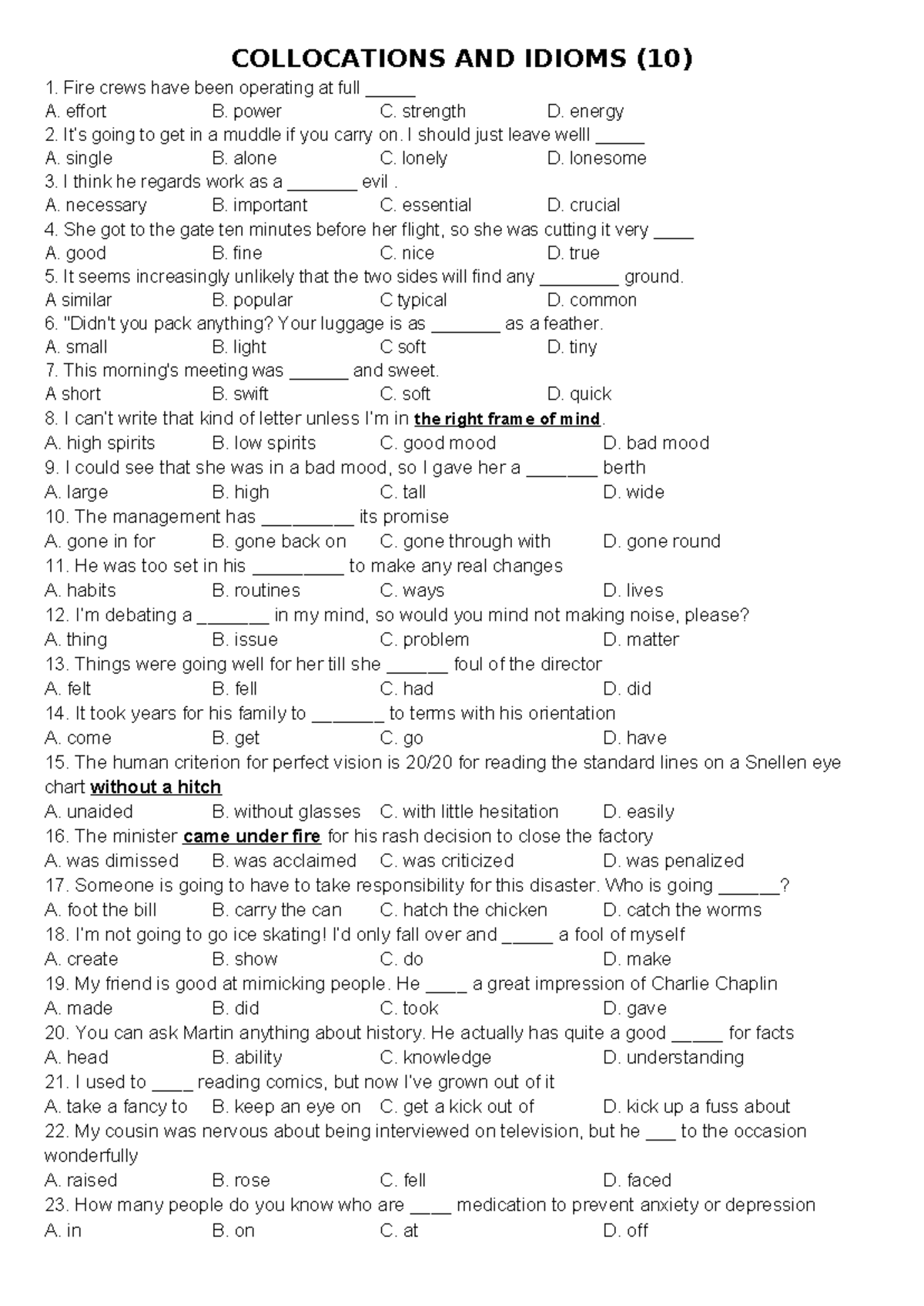 COLLOCATIONS AND IDIOMS (10): Practice Exercises and Answers - Studocu