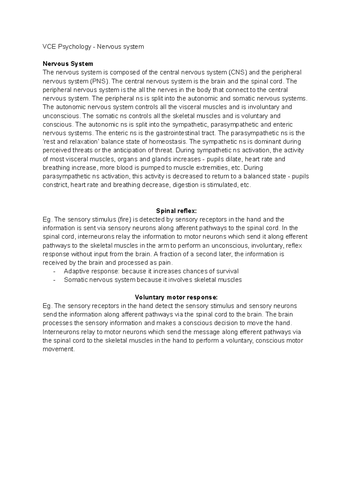 VCE Psychology - Overview of the Nervous System Functions - Studocu