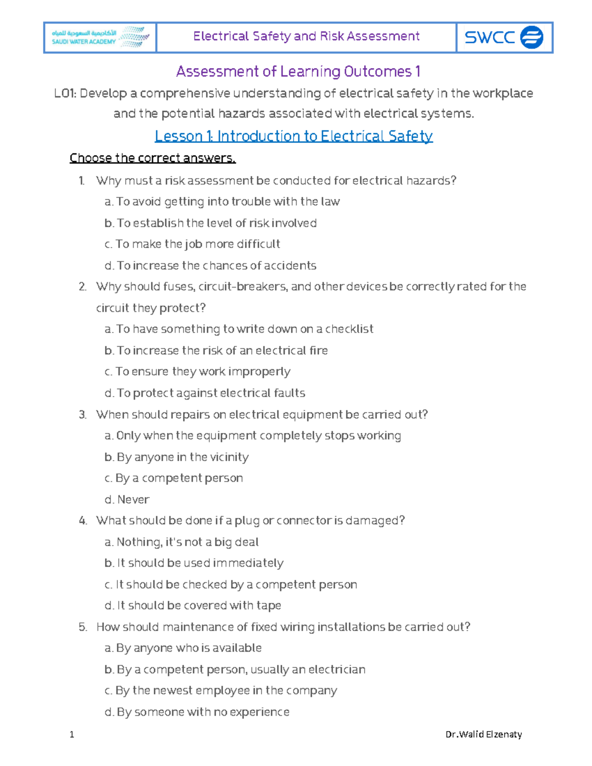 Electrical Safety and Risk Assessment: Lessons 1 & 2 Review - Studocu