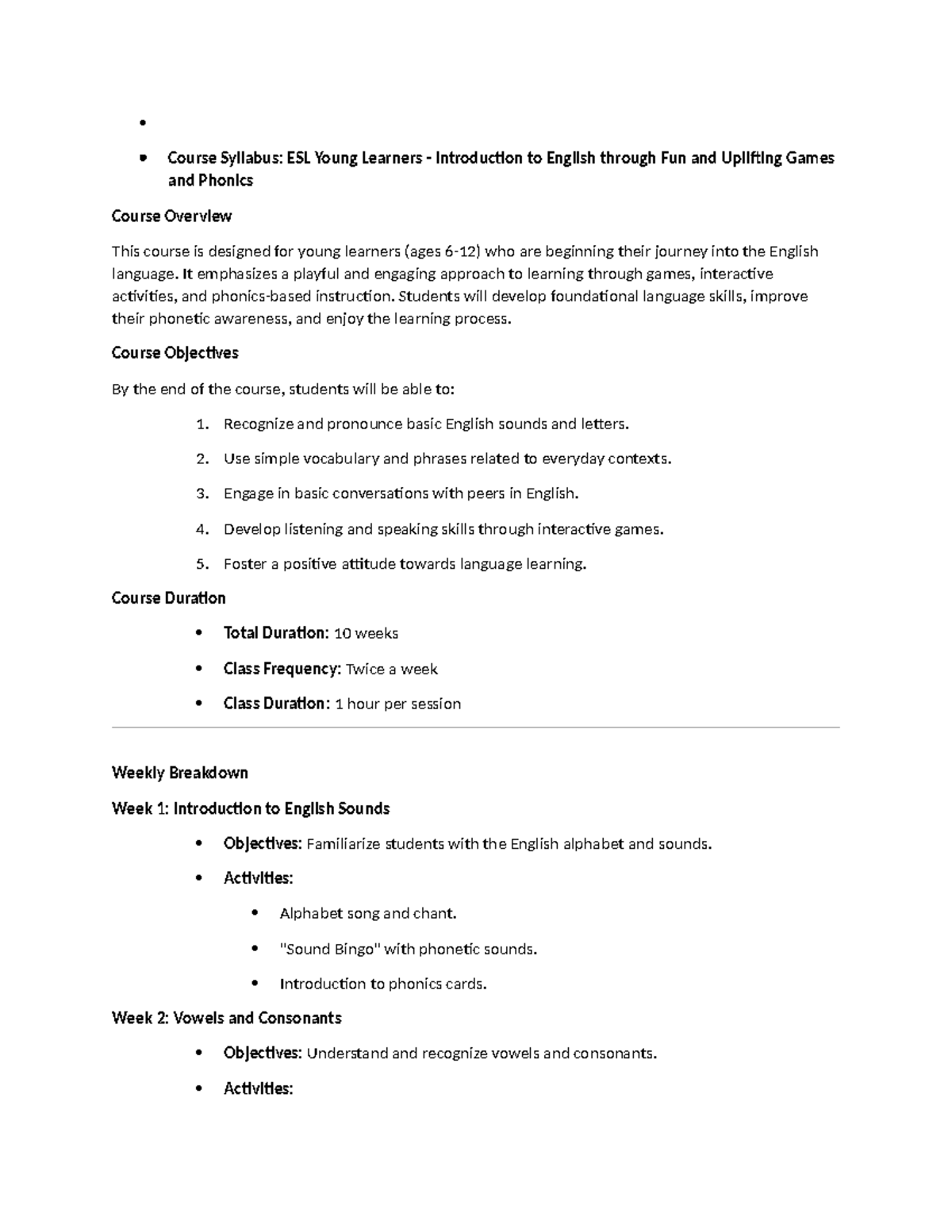 Course Syllabus draft one 3 six month course fun english 1,2,3 - Course ...