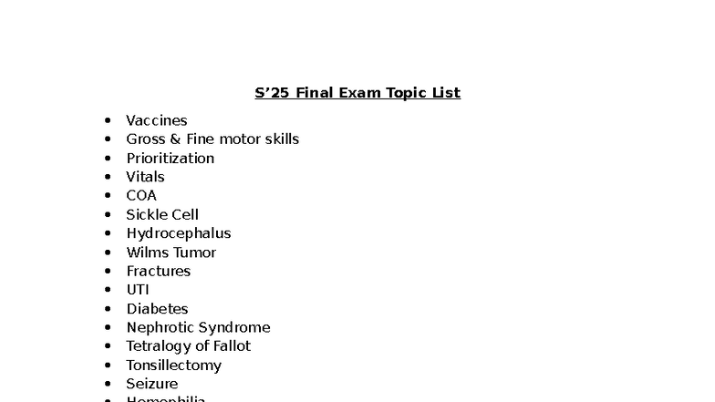 S’25 Final Exam Topics in Pediatric Health Care - S’25 Final Exam Topic ...