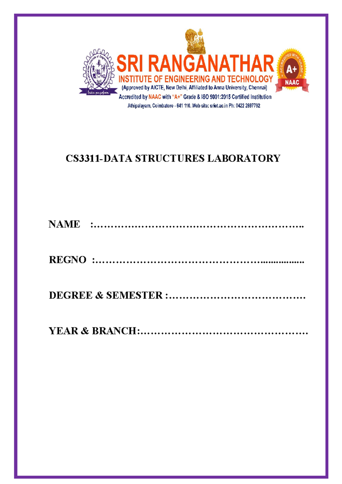 CS3311 Data Structures Laboratory Manual for CSE Students - Studocu