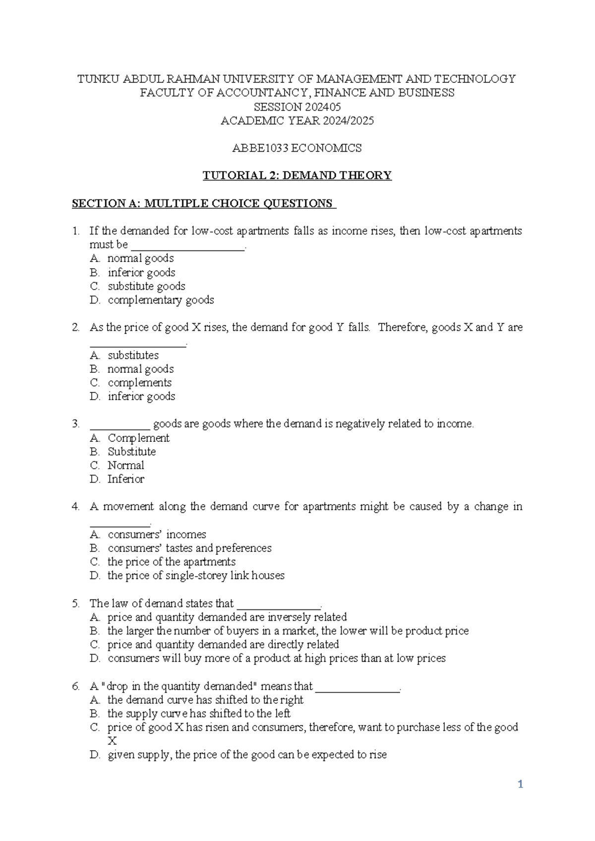 Tutorial 2 - economic - TUNKU ABDUL RAHMAN UNIVERSITY OF MANAGEMENT AND ...