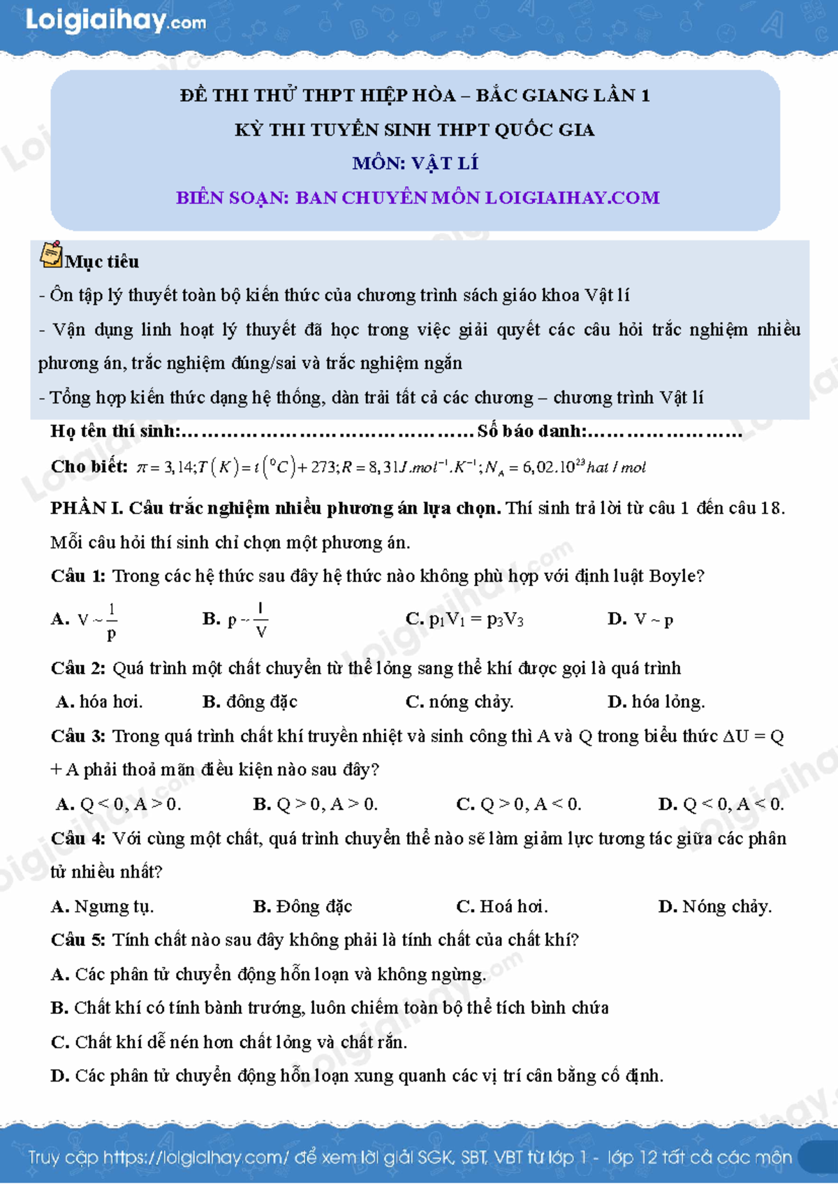 ĐỀ THI THỬ THPT MÔN VẬT LÍ LẦN 1 NĂM 2025 - HIỆP HÒA BẮC GIANG - Studocu