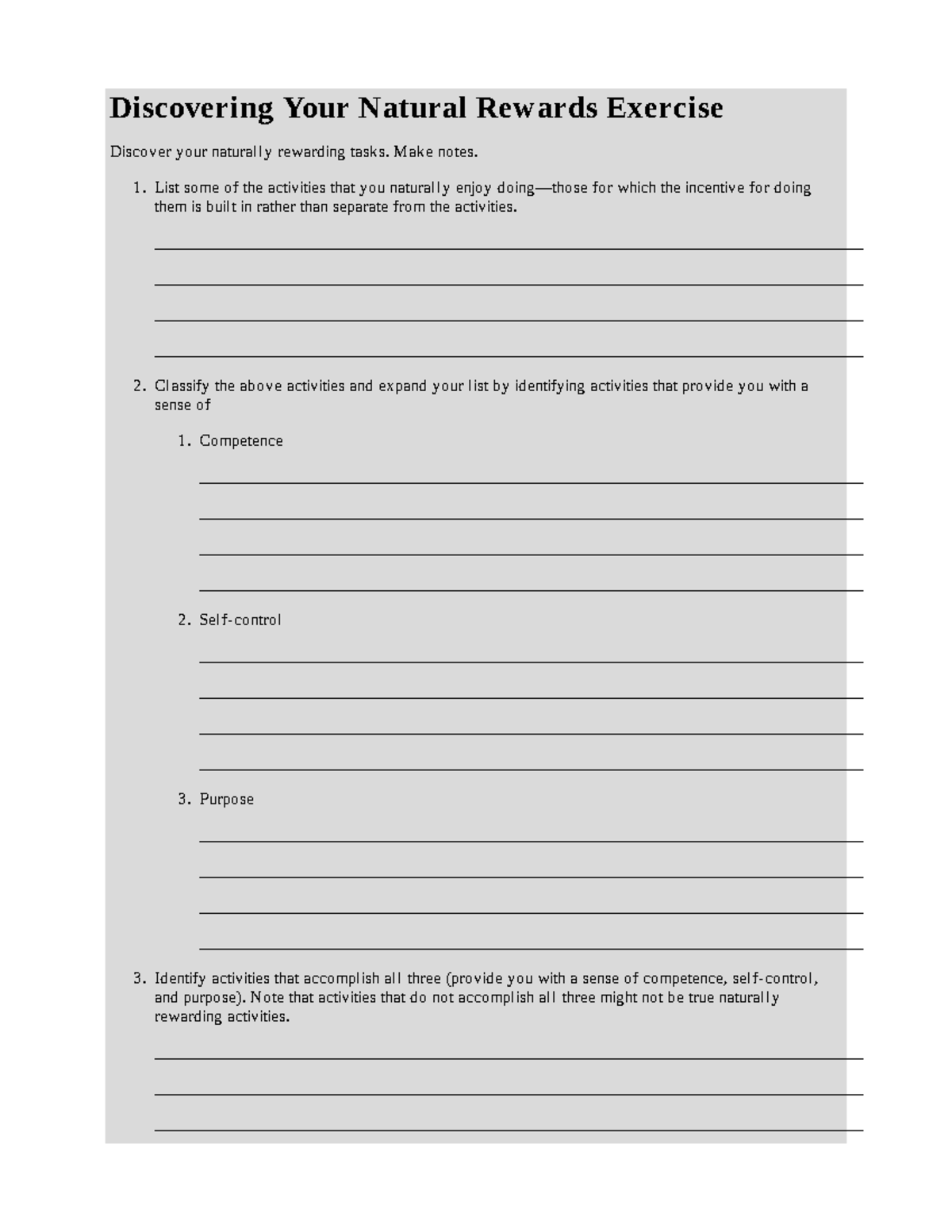 Rewards- Self Leadership - Discovering Your Natural Rewards Exercise ...