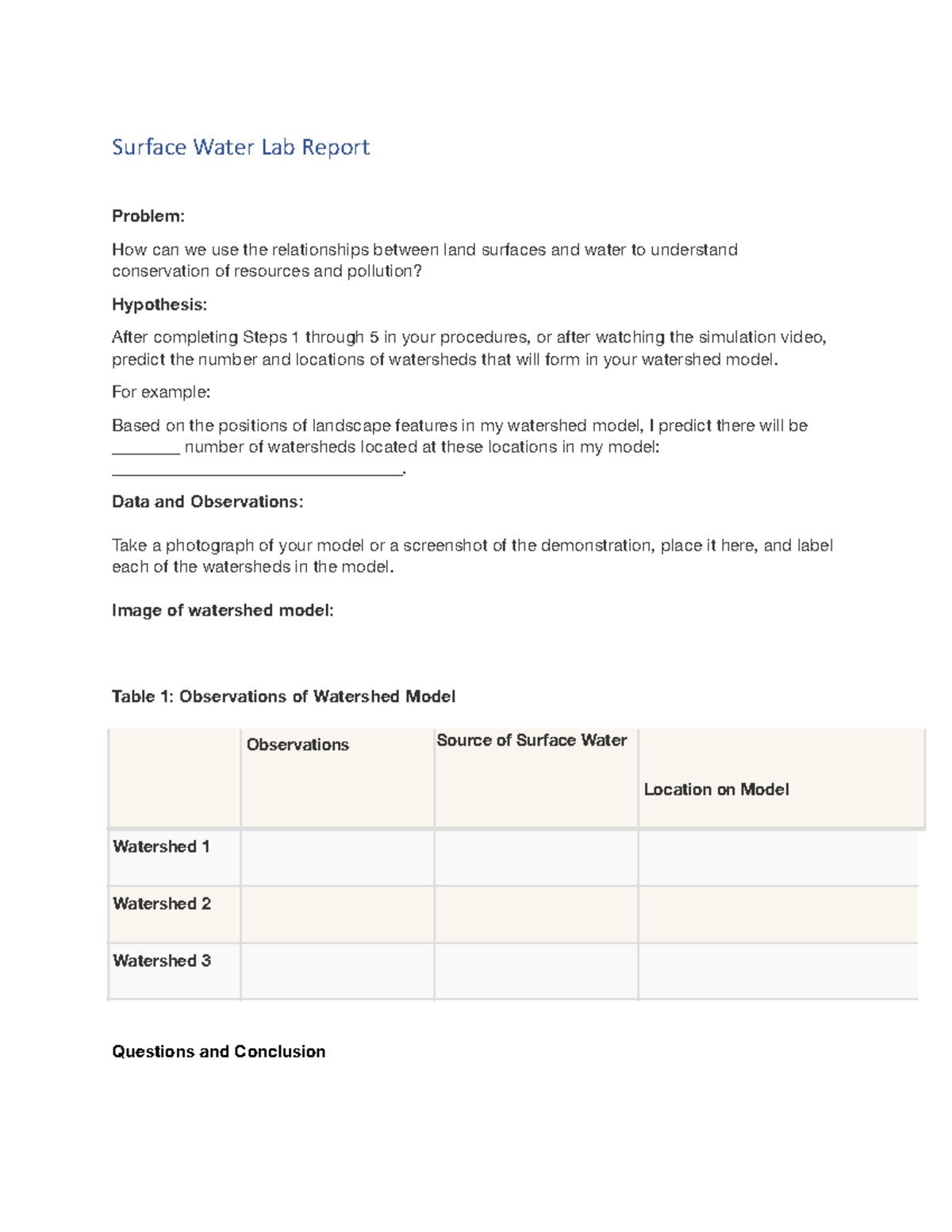 Surface Water Lab Report: Analyzing Watershed Formation and ...