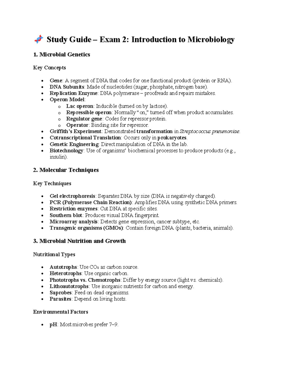 Study Guide – Exam 2: Intro to Microbiology (Key Concepts & Techniques ...