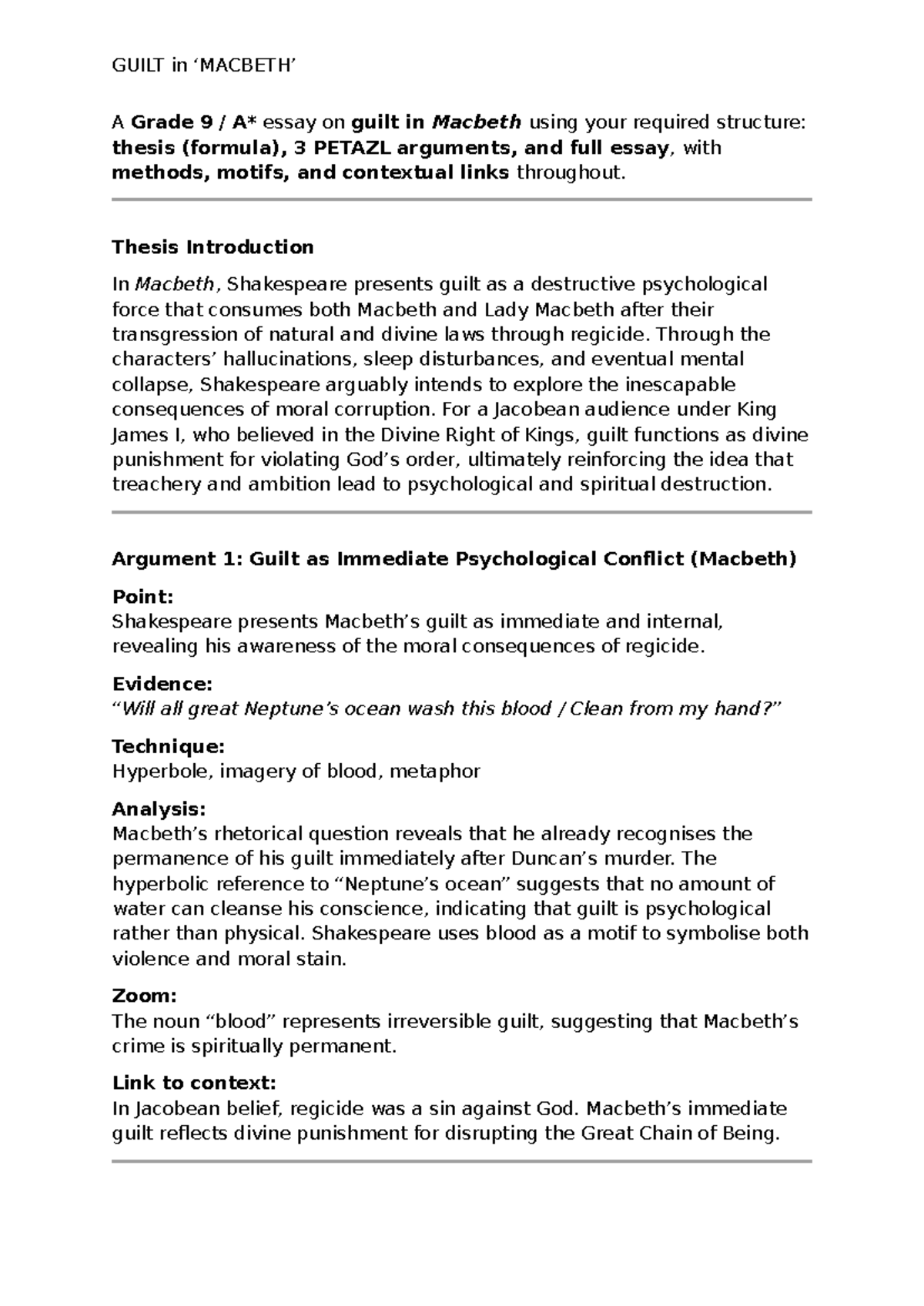G9 English Essay: Guilt in Macbeth - Structure & Analysis - Studocu