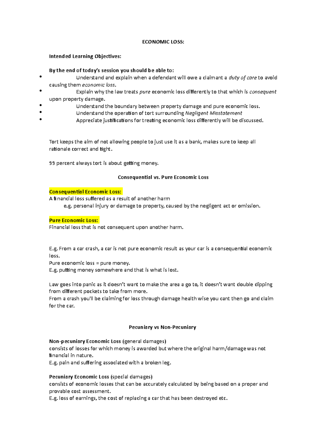 ECON209: Comprehensive Lecture Notes on Economic Loss Principles - Studocu