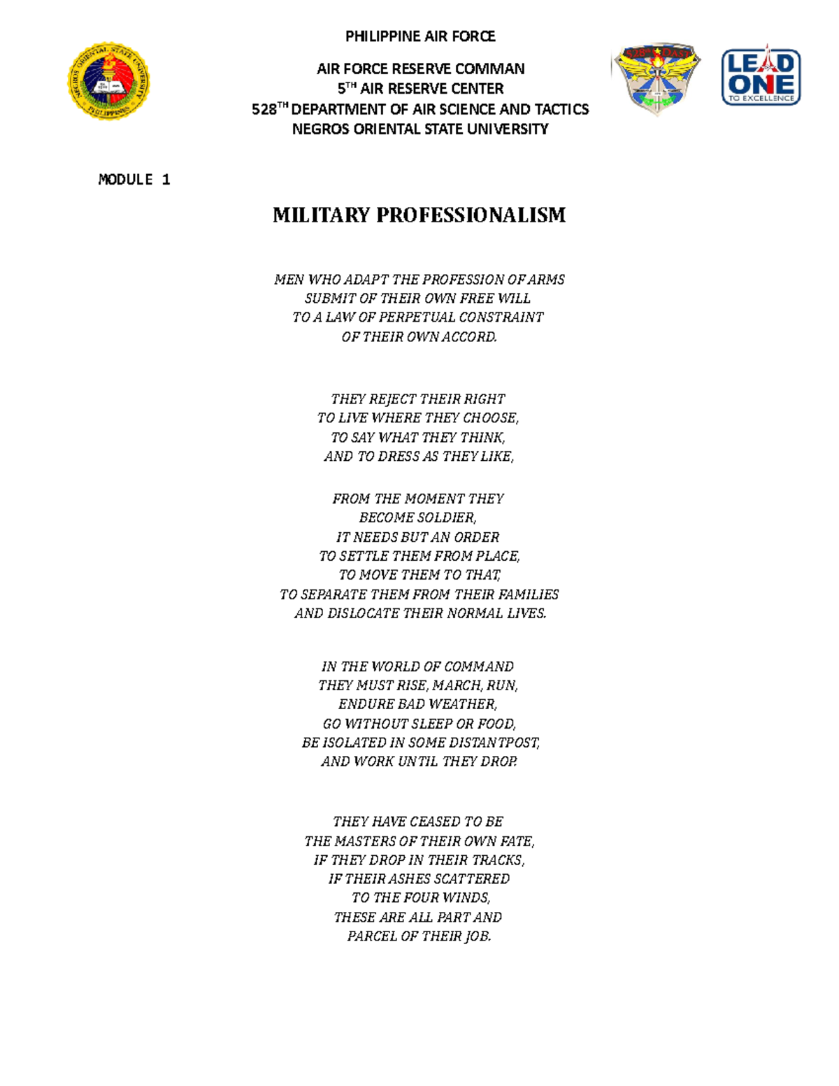 ROTC - Module 1 & 2 - Military Professionalism and General Orders - Studocu