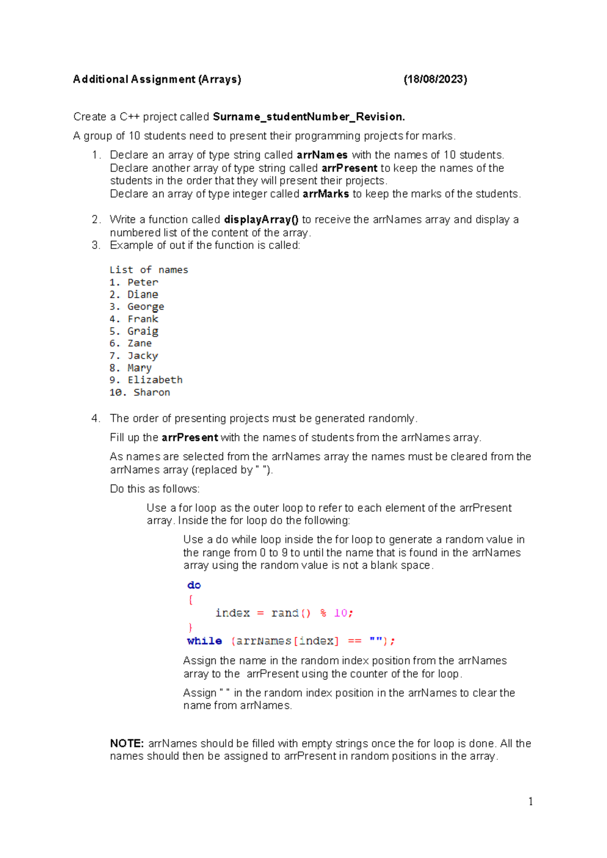 Cmpg121 - Additional Assignment on Arrays and Project Presentation - Studocu