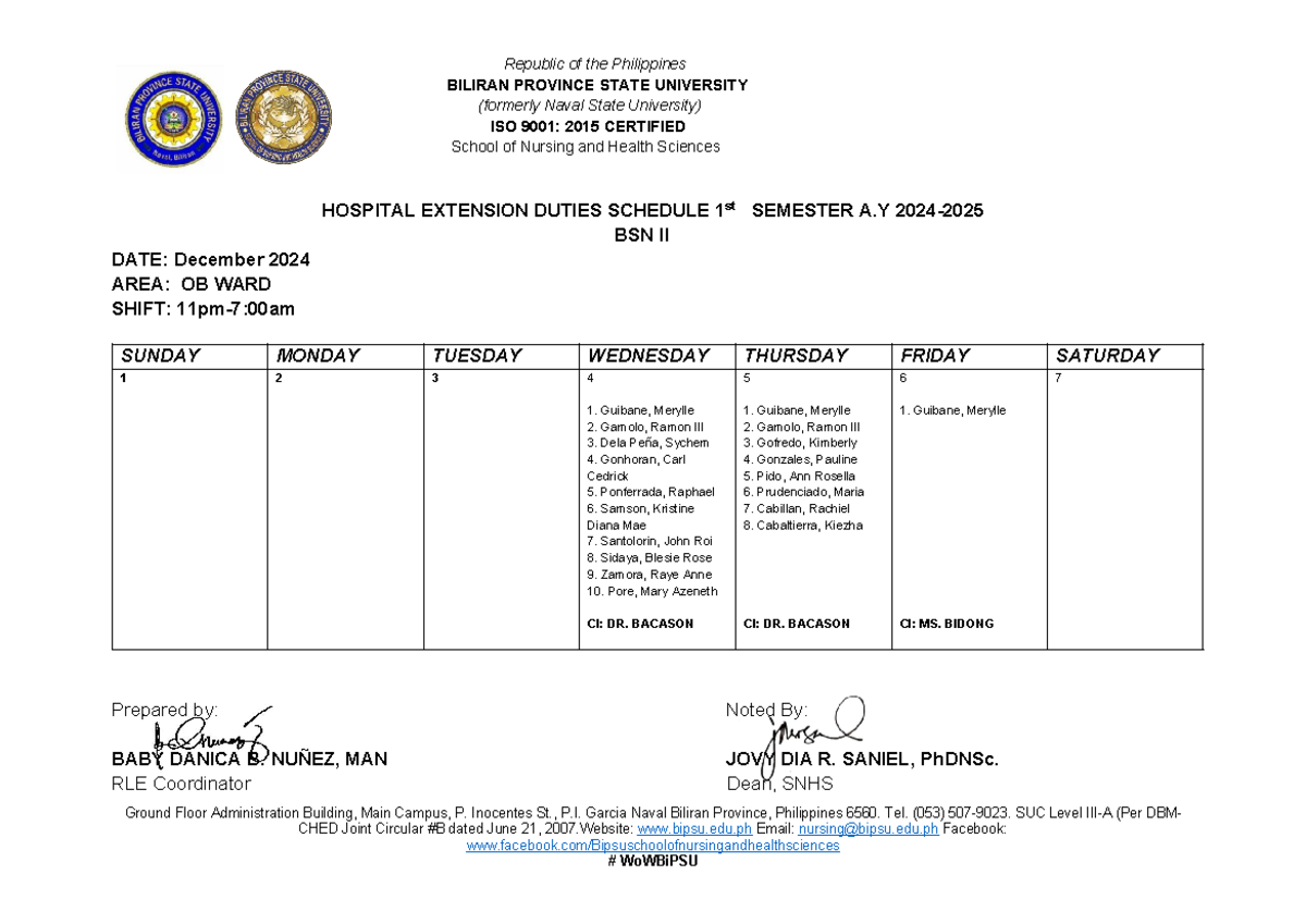 Hospital Extension Duties Schedule 1ST Semester 2024 2025 - BILIRAN ...