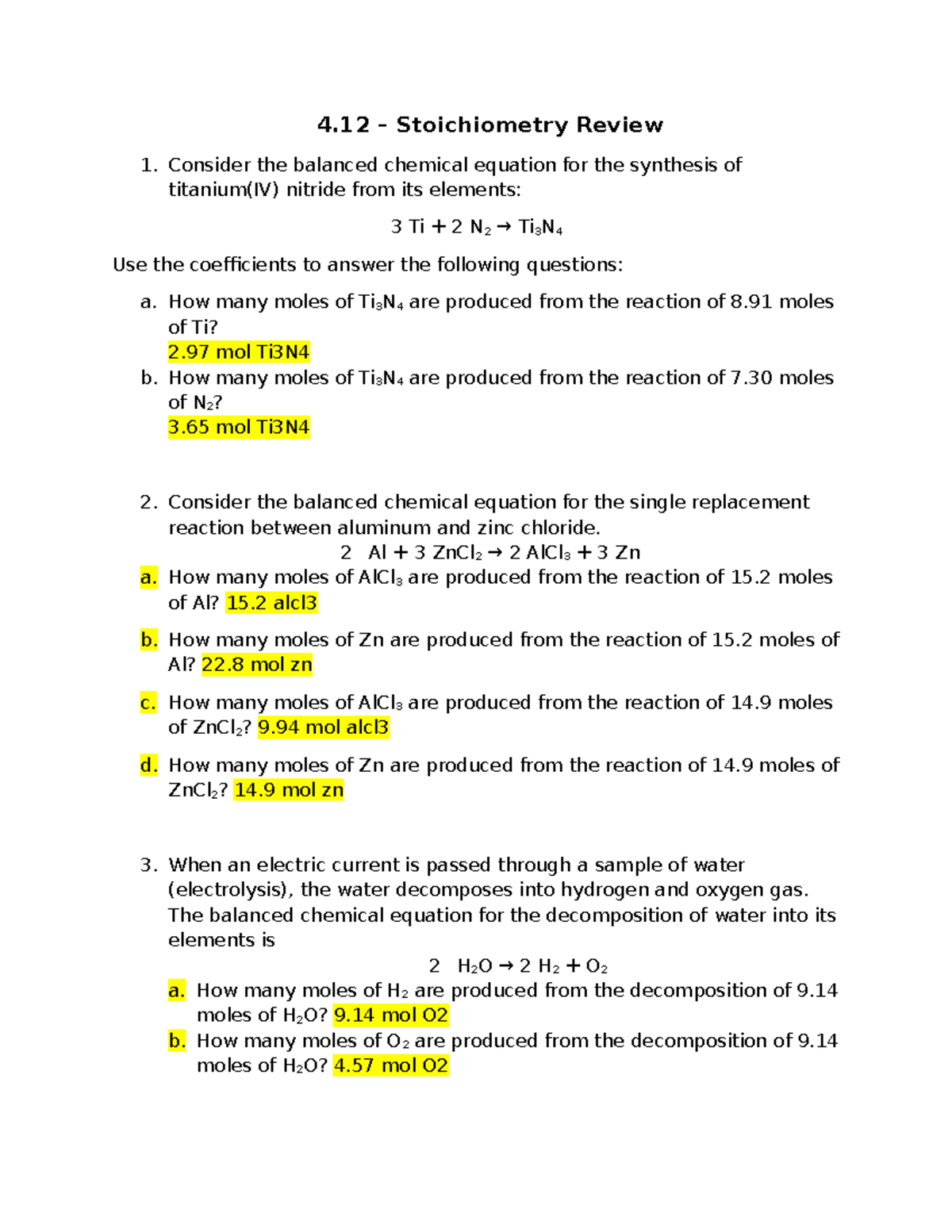 4.12 Stoichiometry Review: Chemical Reactions & Moles Calculation - Studocu