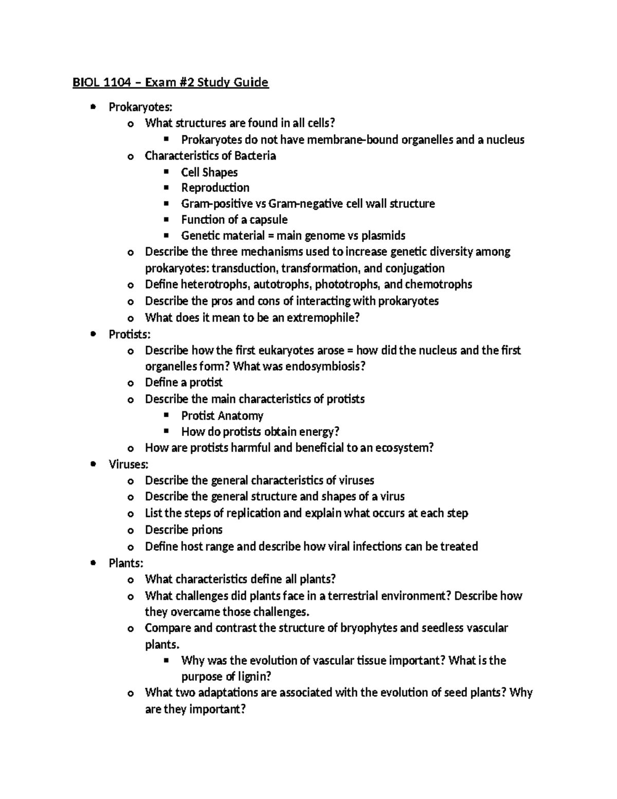 BIOL 1104 – Exam #2 Study Guide: Prokaryotes, Protists, Viruses ...