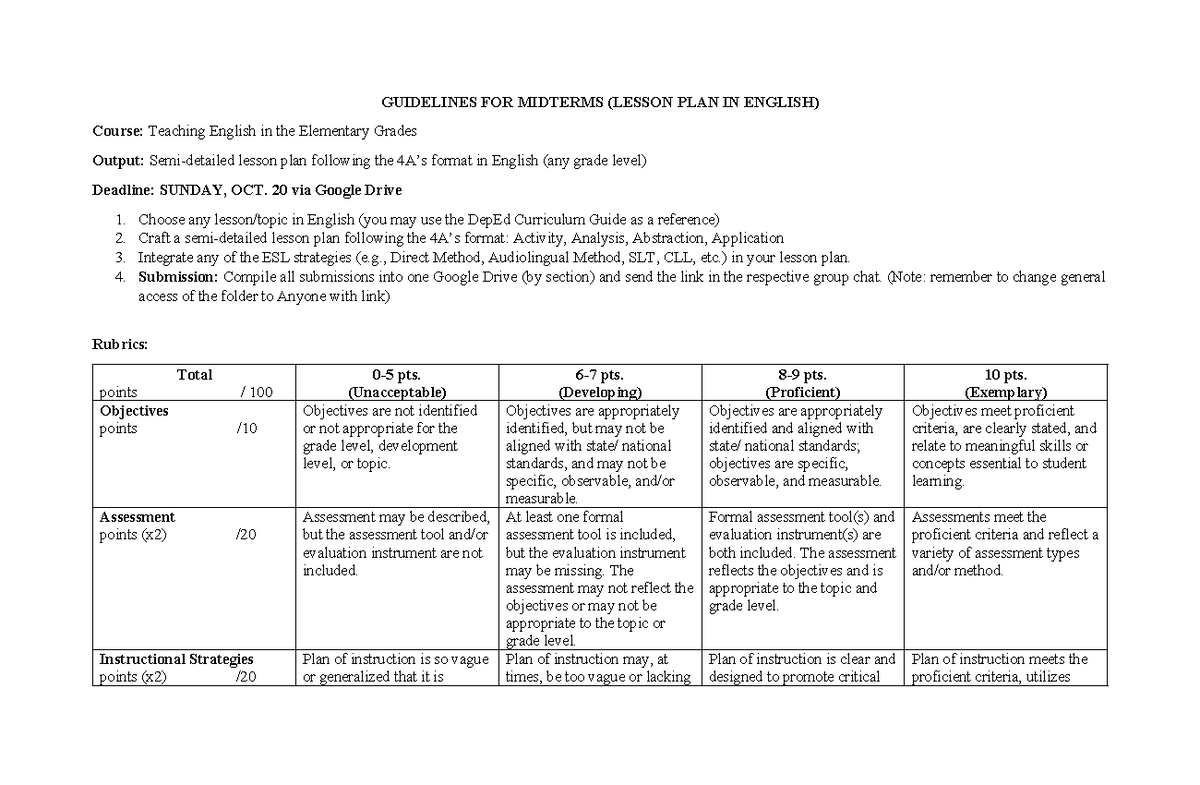 Guidelines FOR Lesson PLAN - GUIDELINES FOR MIDTERMS (LESSON PLAN IN ...