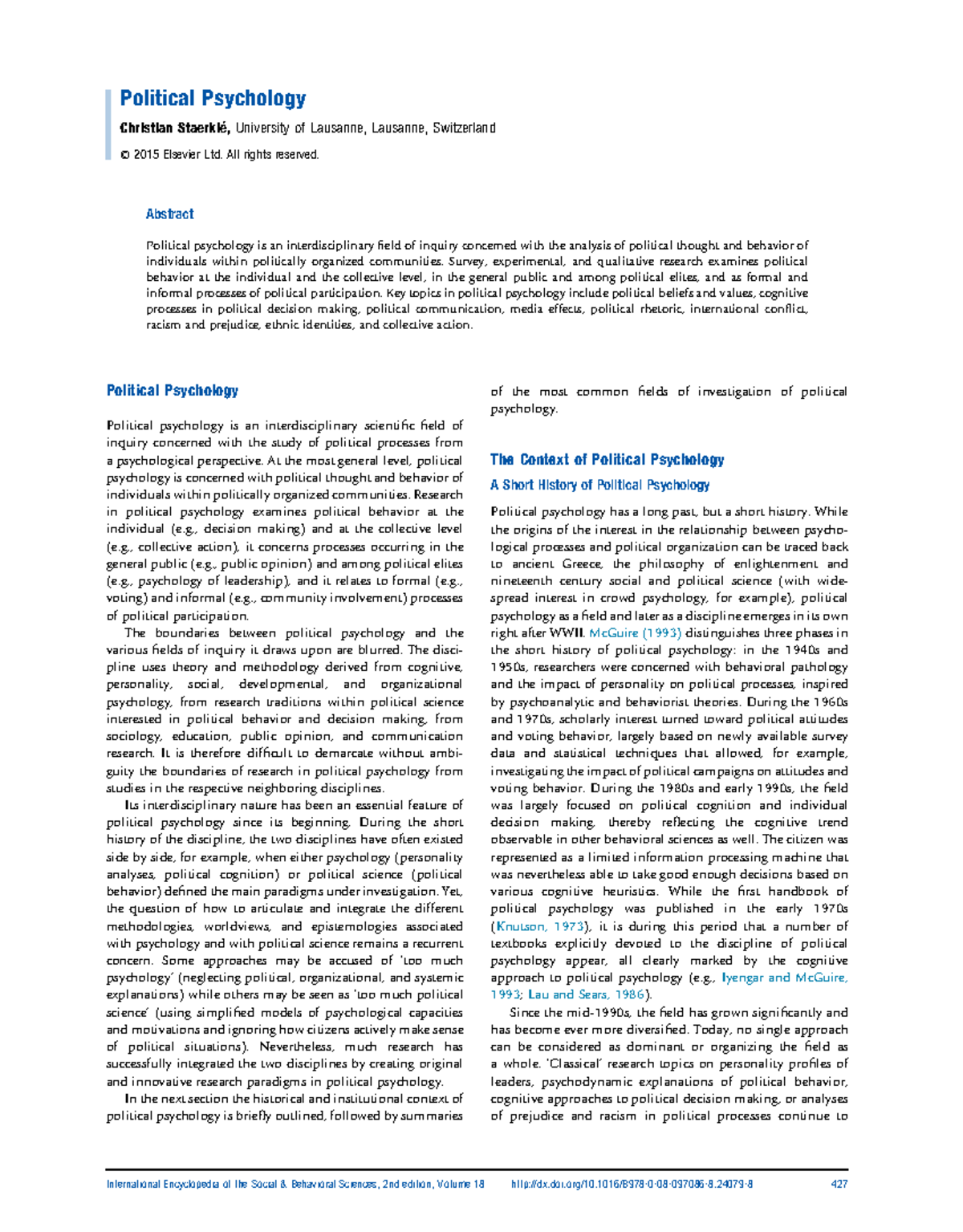 Political Psychology: An Interdisciplinary Overview (POL PSY 2) - Studocu