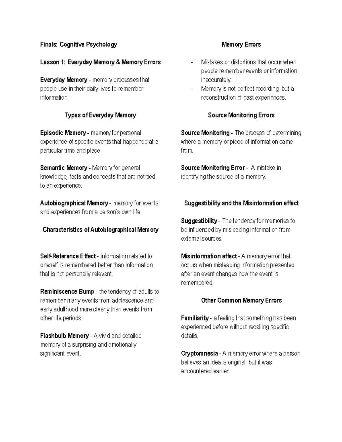 Finals: Cognitive Psychology - Everyday Memory & Decision Making Review ...