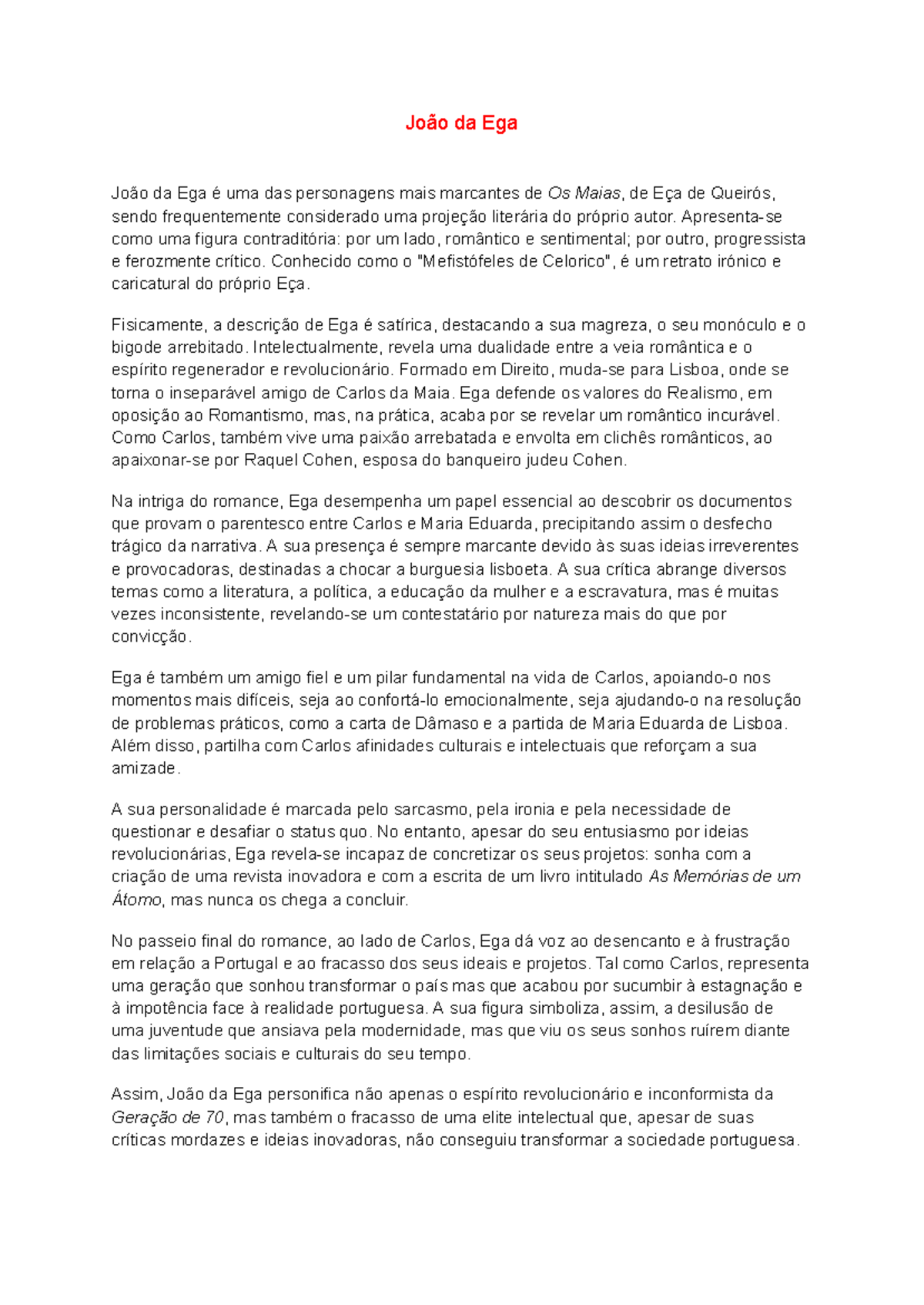 Análise de João da Ega em Os Maias - Personagem e Crítica Social - Studocu