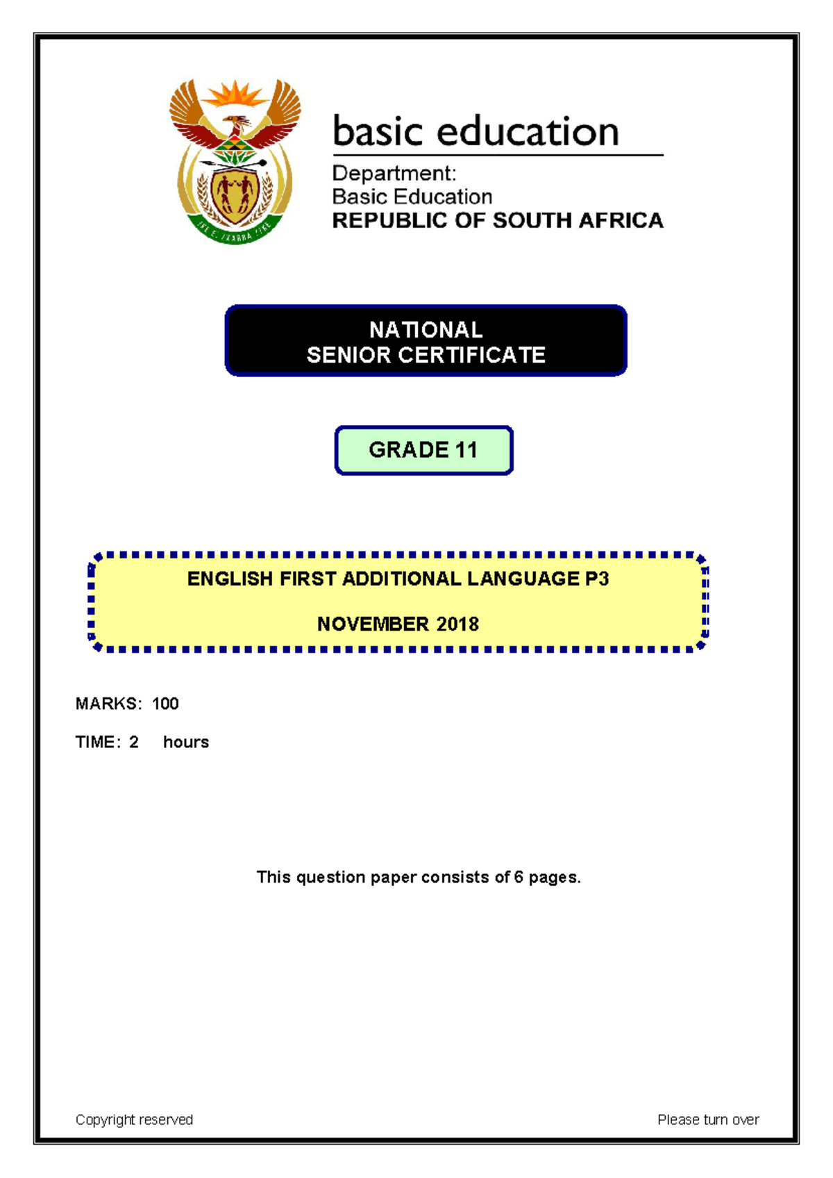 Grade 12 English First Additional Language P3 November 2018 Exam Paper ...