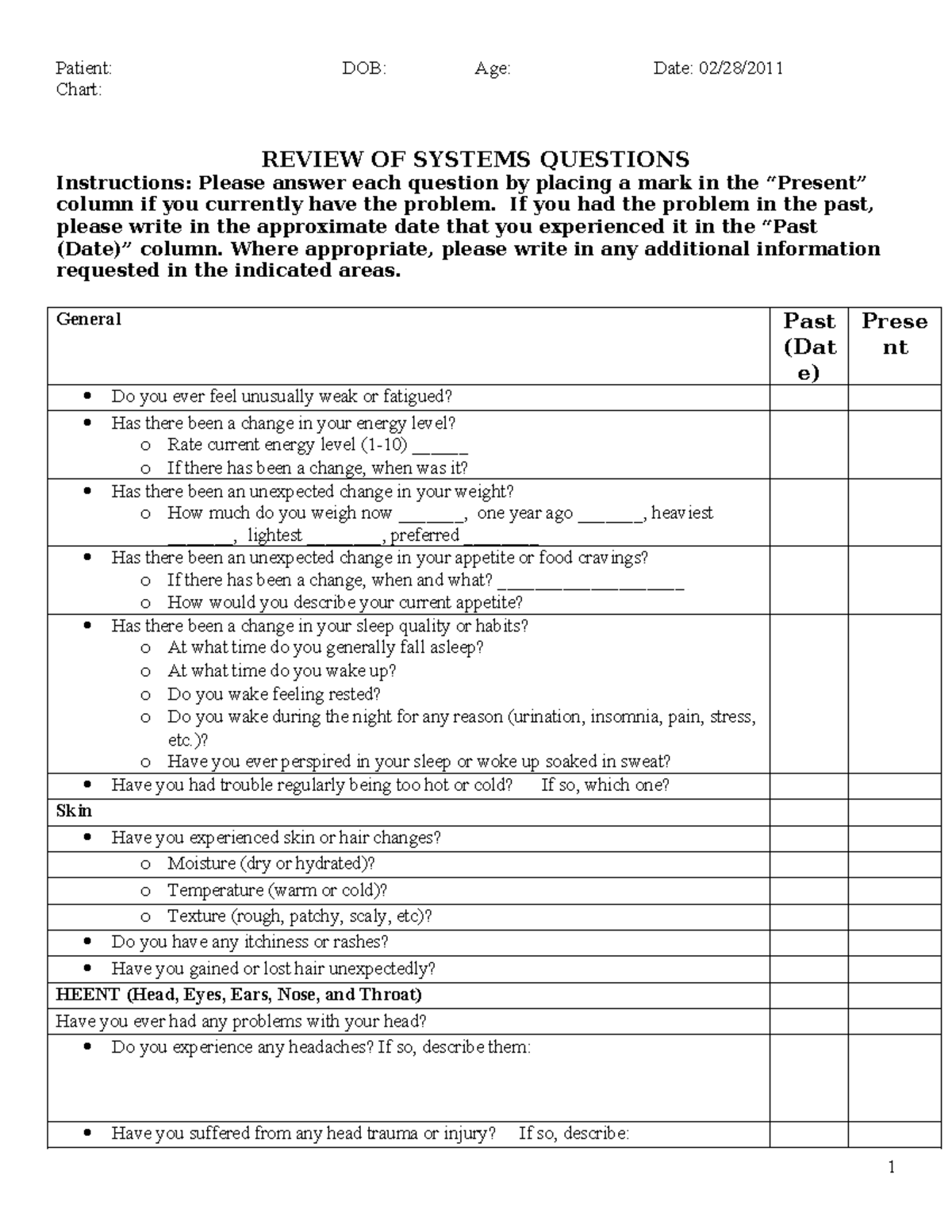 Patient Review of Systems Questionnaire: Chart, DOB, Age, Date - Studocu
