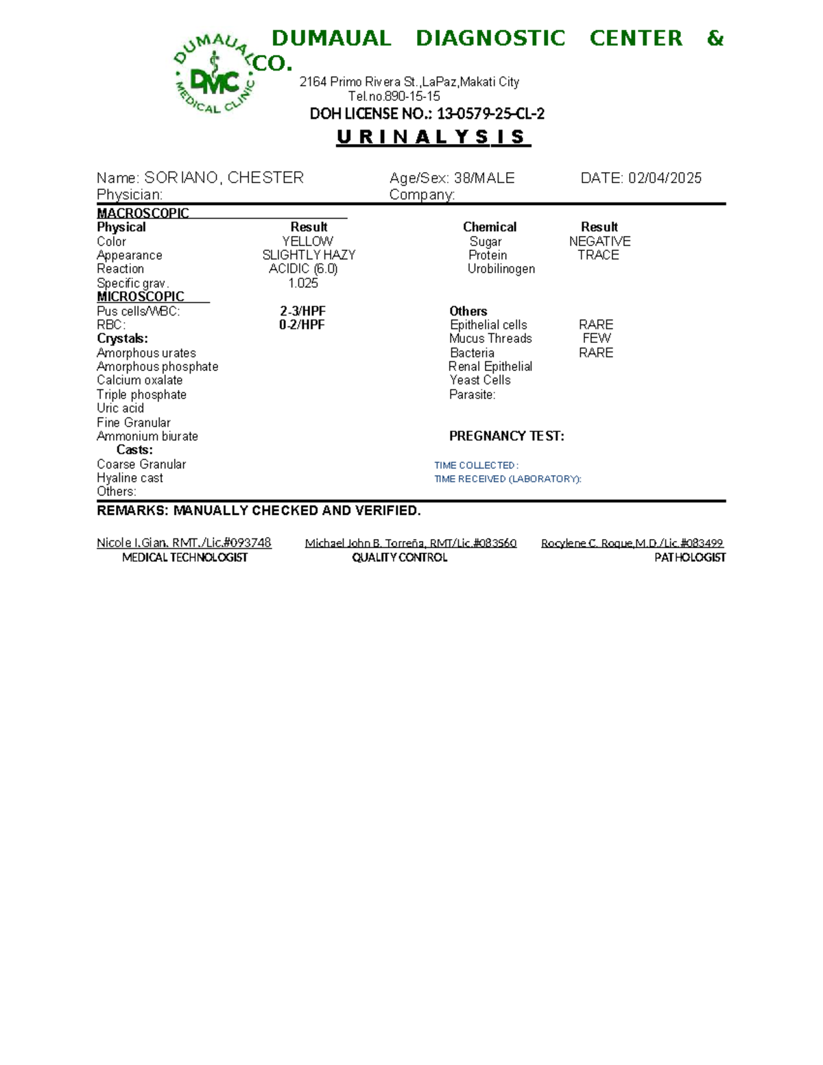 Urinalysis Report for Chester Soriano - DUMAUAL CO. Diagnostic Center ...
