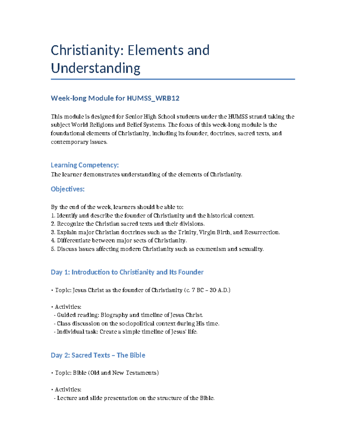 Christianity Module Overview for HUMSS_WRB12: Foundational Elements ...