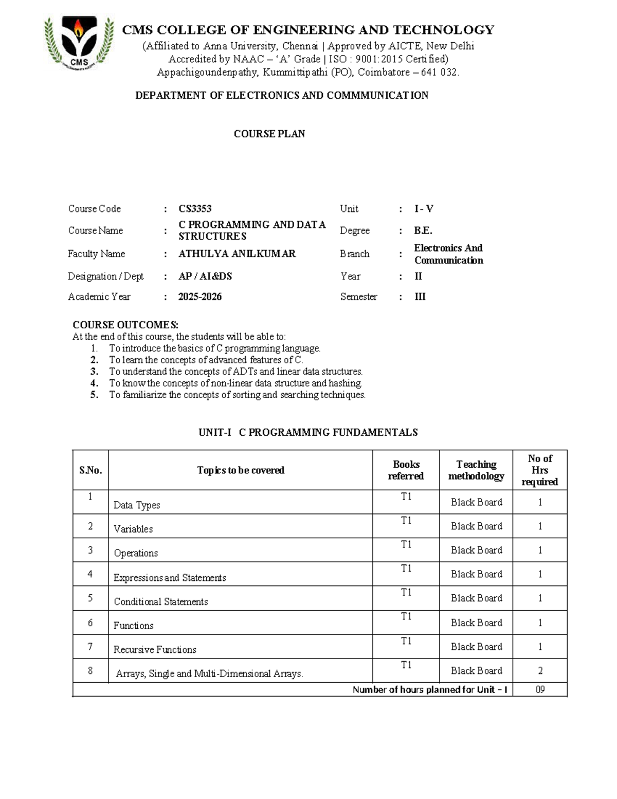 CS3353 Lesson Plan: C Programming and Data Structures Syllabus - Studocu