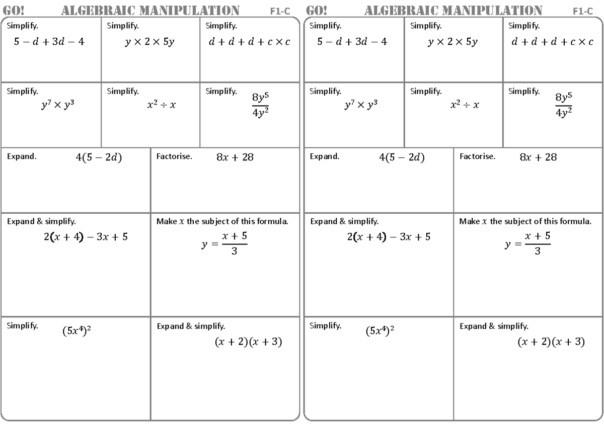 GCSE Algebraic Manipulation Foundation 1C A5idk - go! AlgebrAic ...