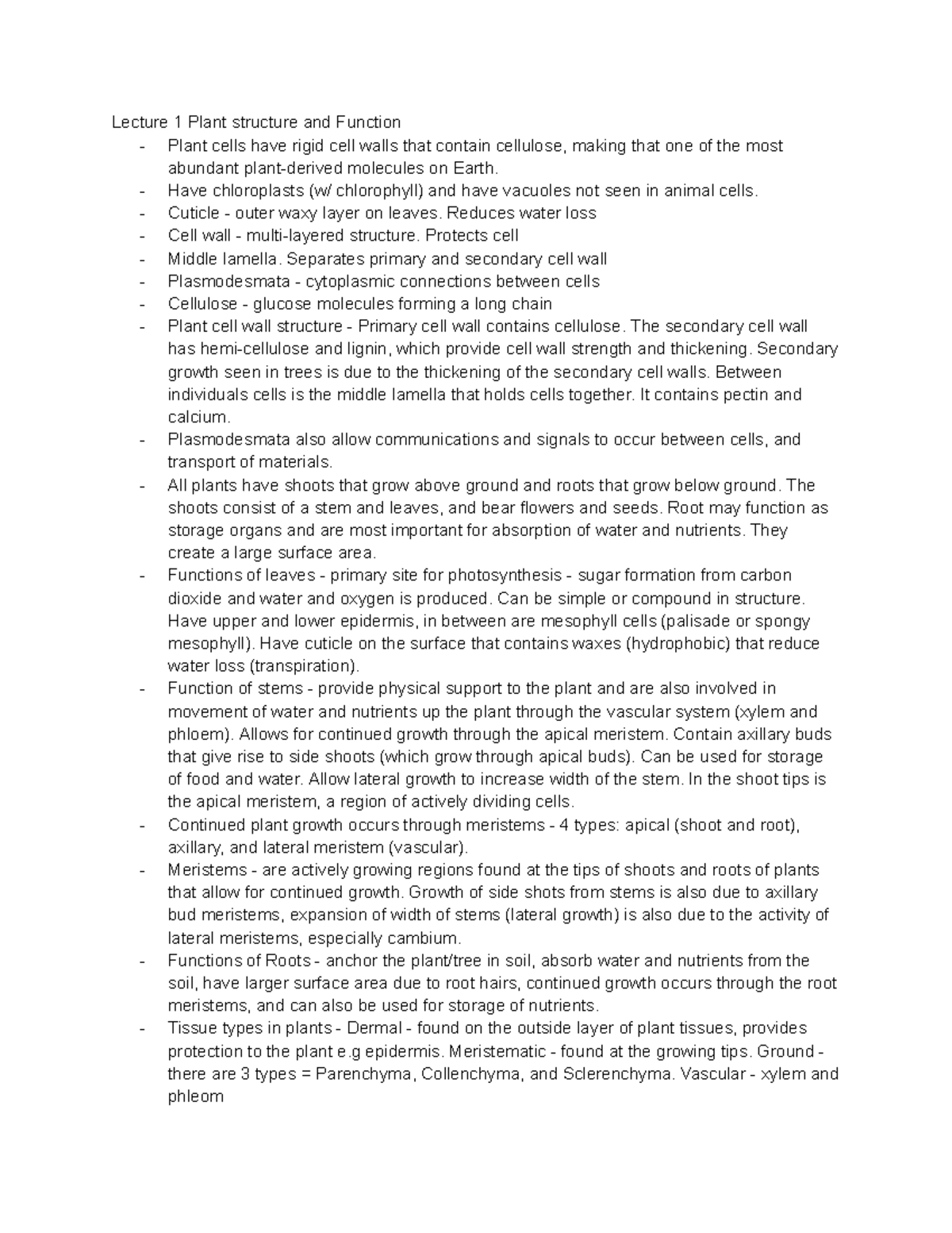 BISC 101 Final Exam Lecture Notes: Plant Structure & Function - Studocu