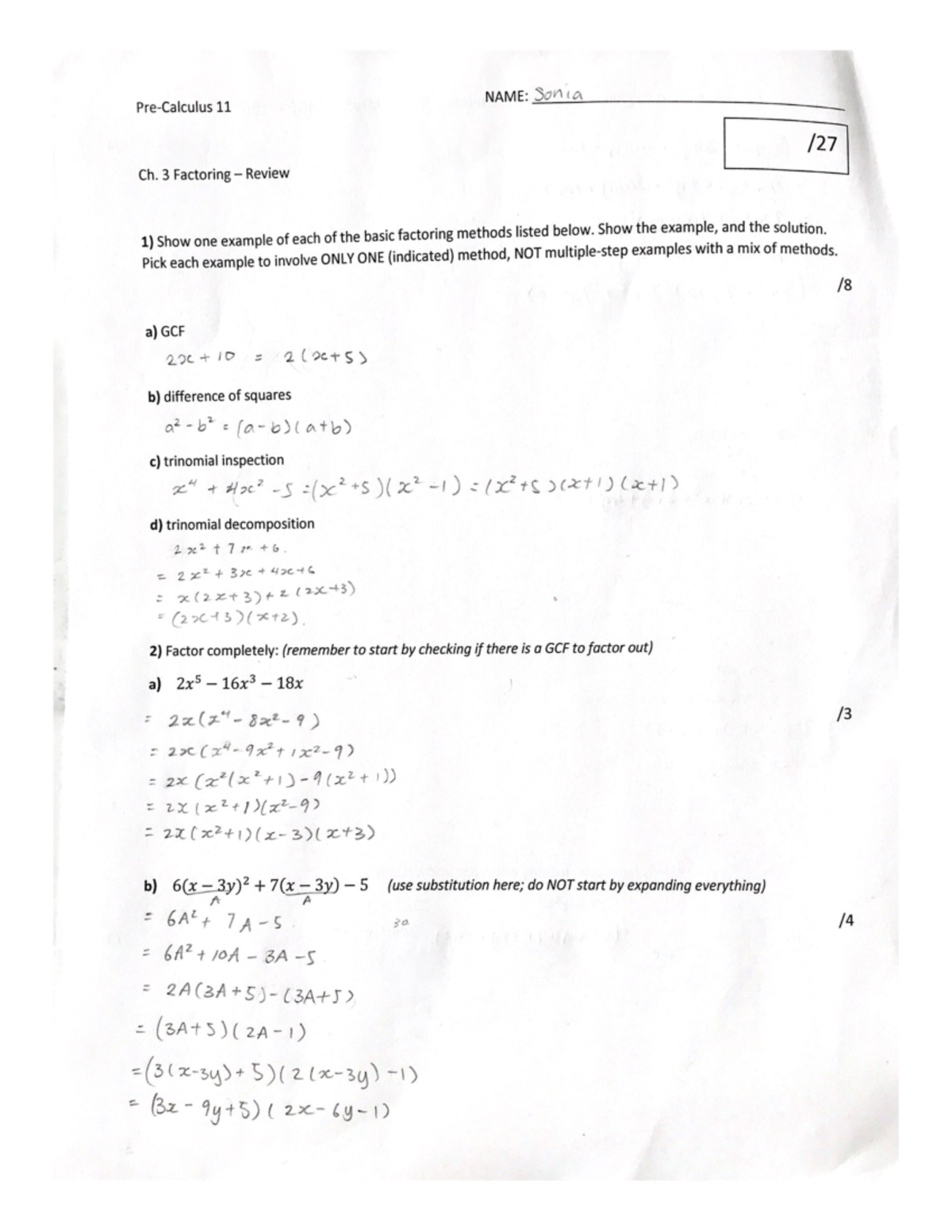 Pre-Calculus 11 factoring review - NAME: Sonia 11 Ch. 3 Factoring ...