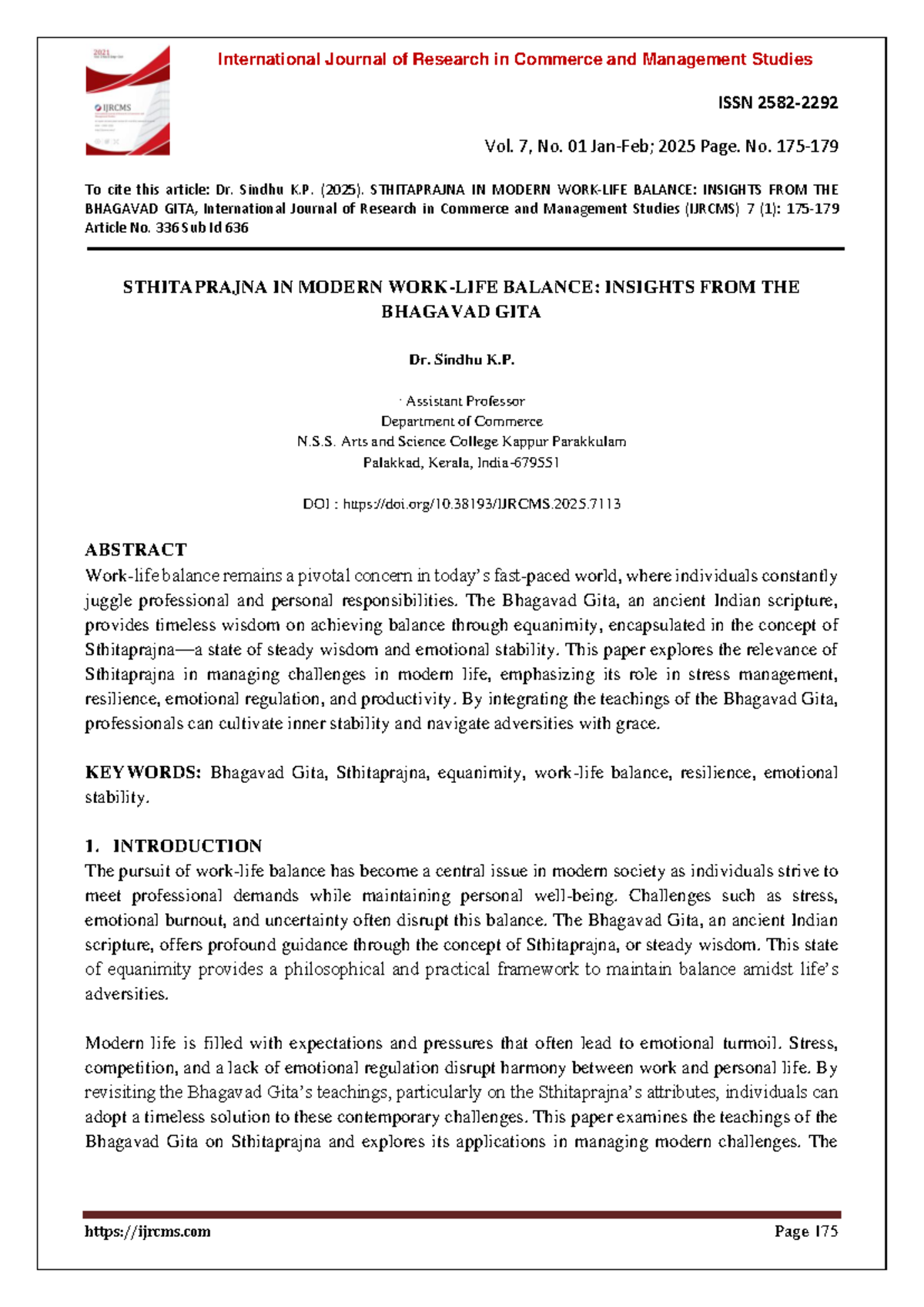 STHITAPRAJNA AND WORK-LIFE BALANCE: INSIGHTS FROM THE BHAGAVAD GITA ...