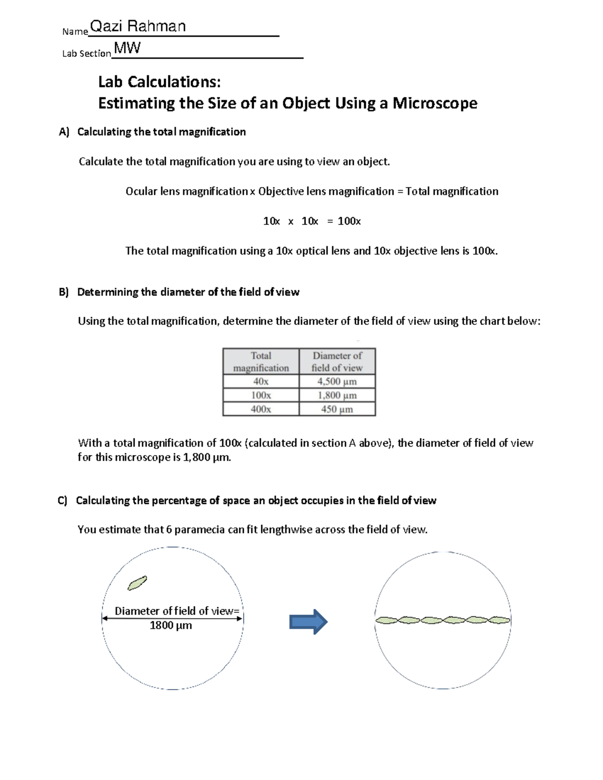 Lab Calculations: Estimating Object Size Using Microscope (MW) - Studocu