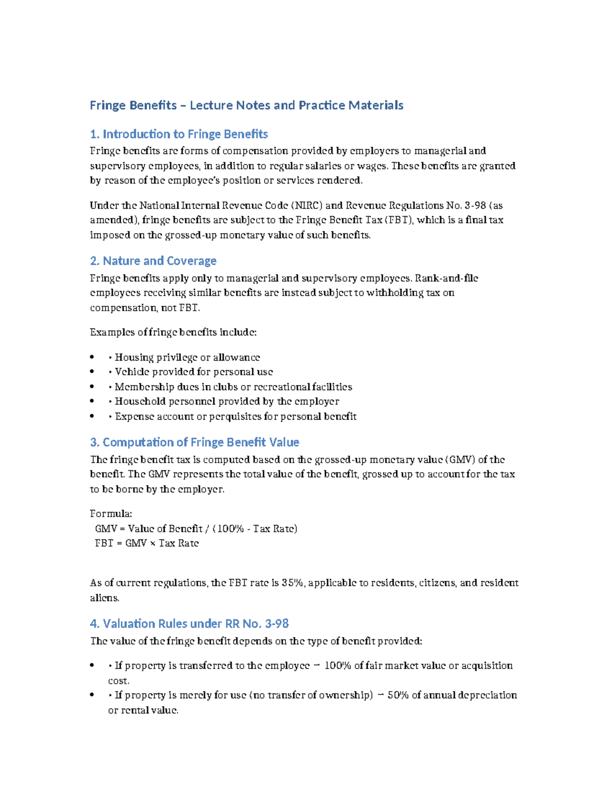 Fringe Benefits Lecture Notes & Practice Materials (FBT 101) - Studocu