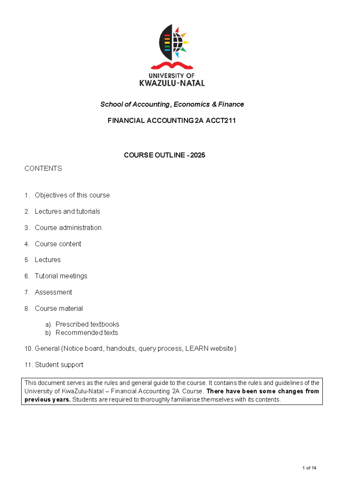 UKZN ACCT211 Financial Accounting 2A Course Outline 2025: Key Details ...