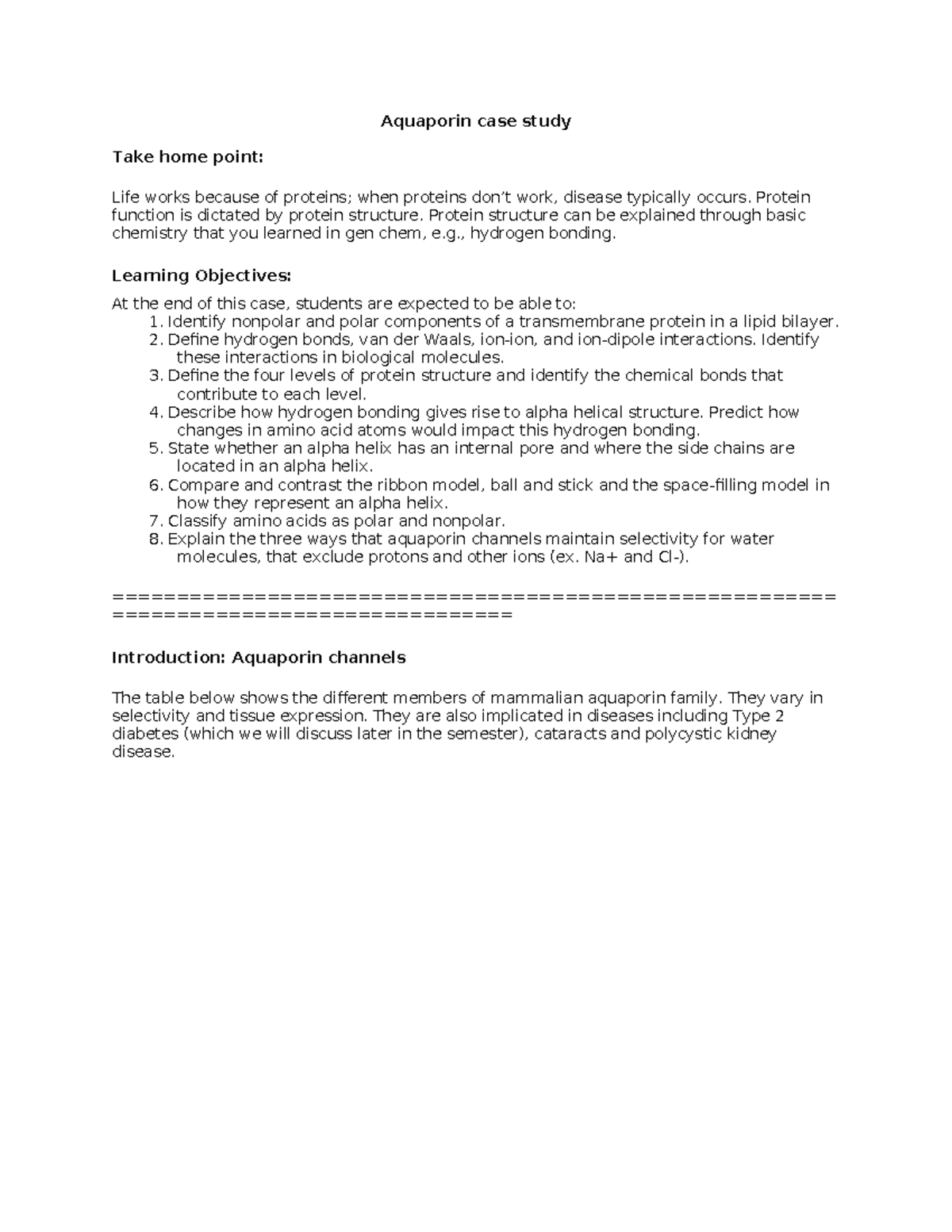 Aquaporin Case Study: Understanding Protein Structure & Function - Studocu