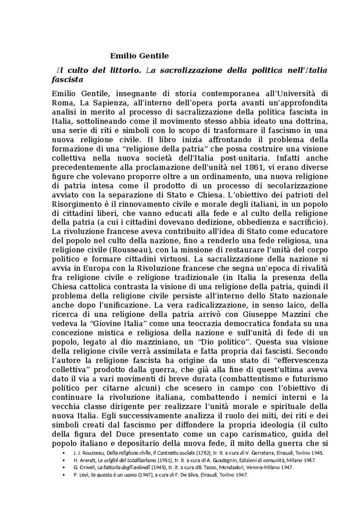 Recensione del libro "Il culto del littorio" di Emilio Gentile - Studocu