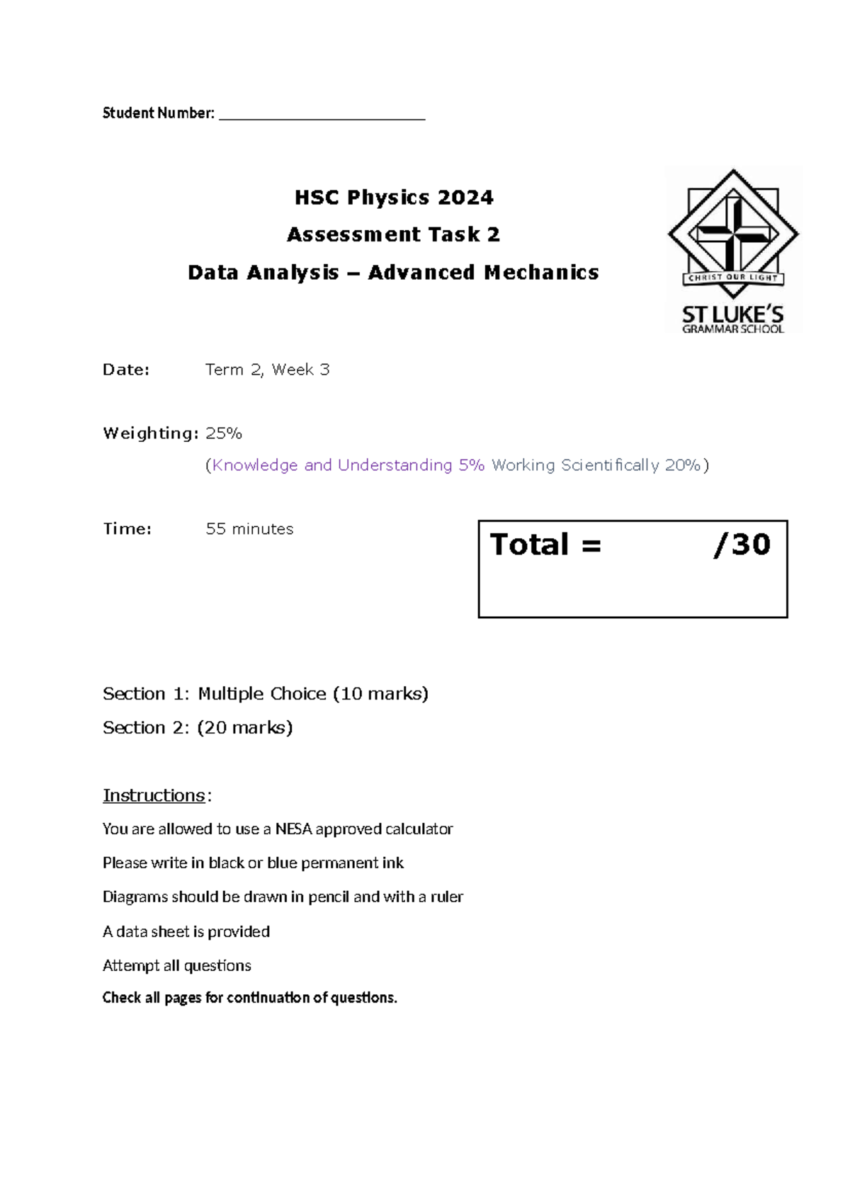 HSC Physics 2024 Assessment Task 2: Data Analysis & Mechanics - Studocu