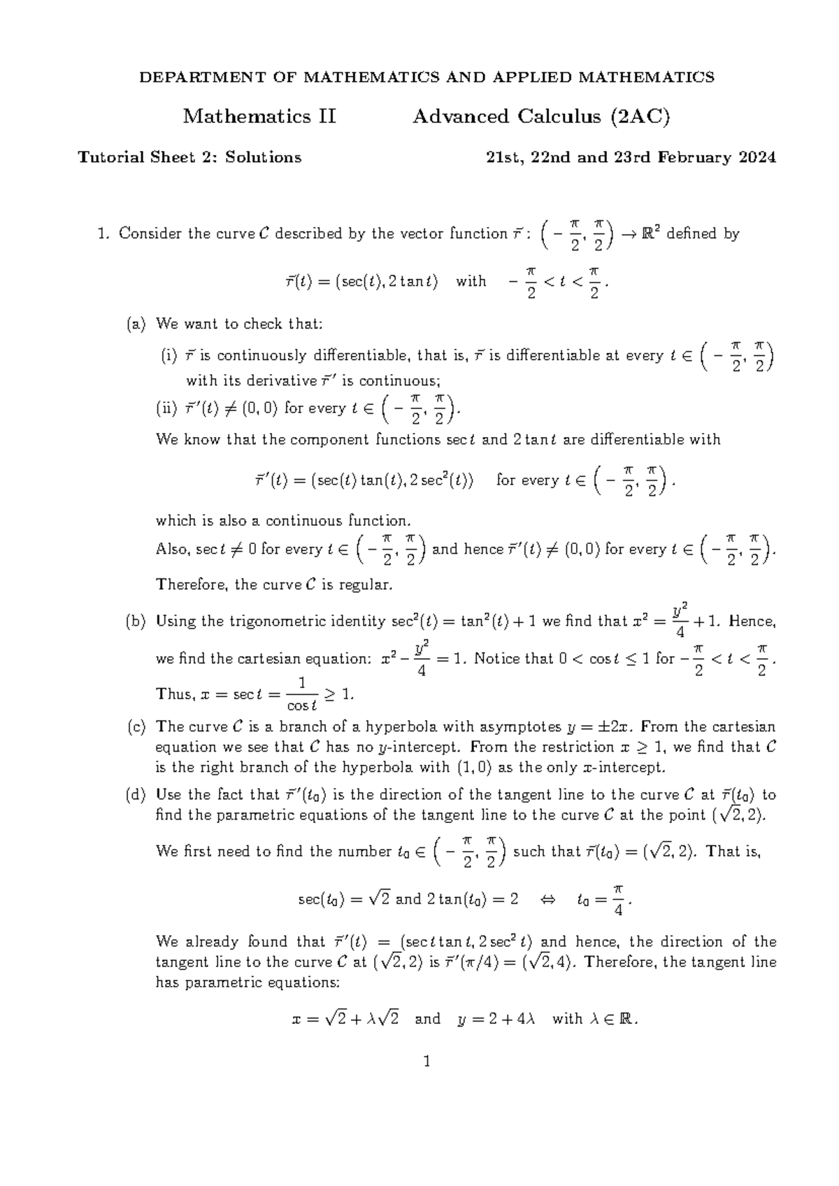 Mathematics II (2AC) Advanced Calculus Tutorial Sheet 2 Solutions - Studocu