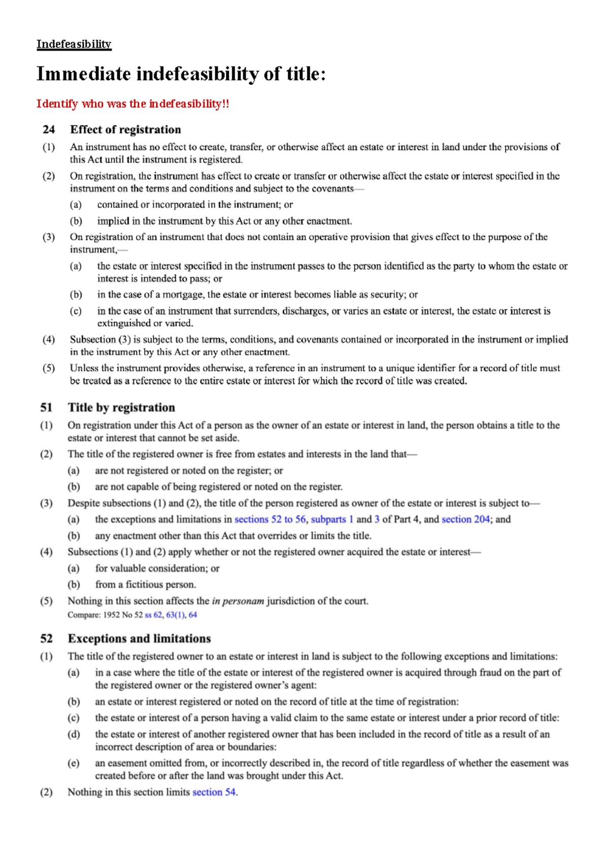 Indefeasibility in Land Law - Cheat Sheet Summary for Land Law 101 ...