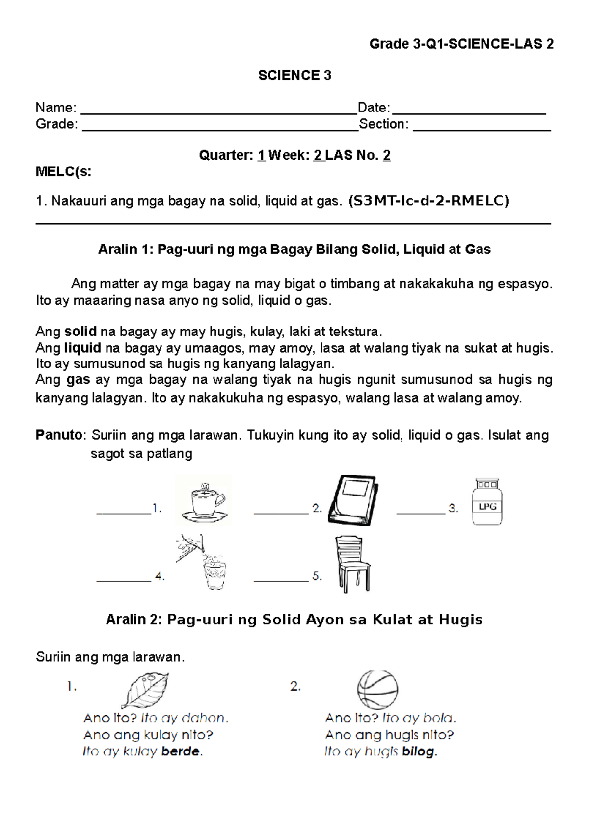 Grade 3 Q1 Science LAS Week 2 - Grade 3-Q1-SCIENCE-LAS 2 SCIENCE 3 Name ...